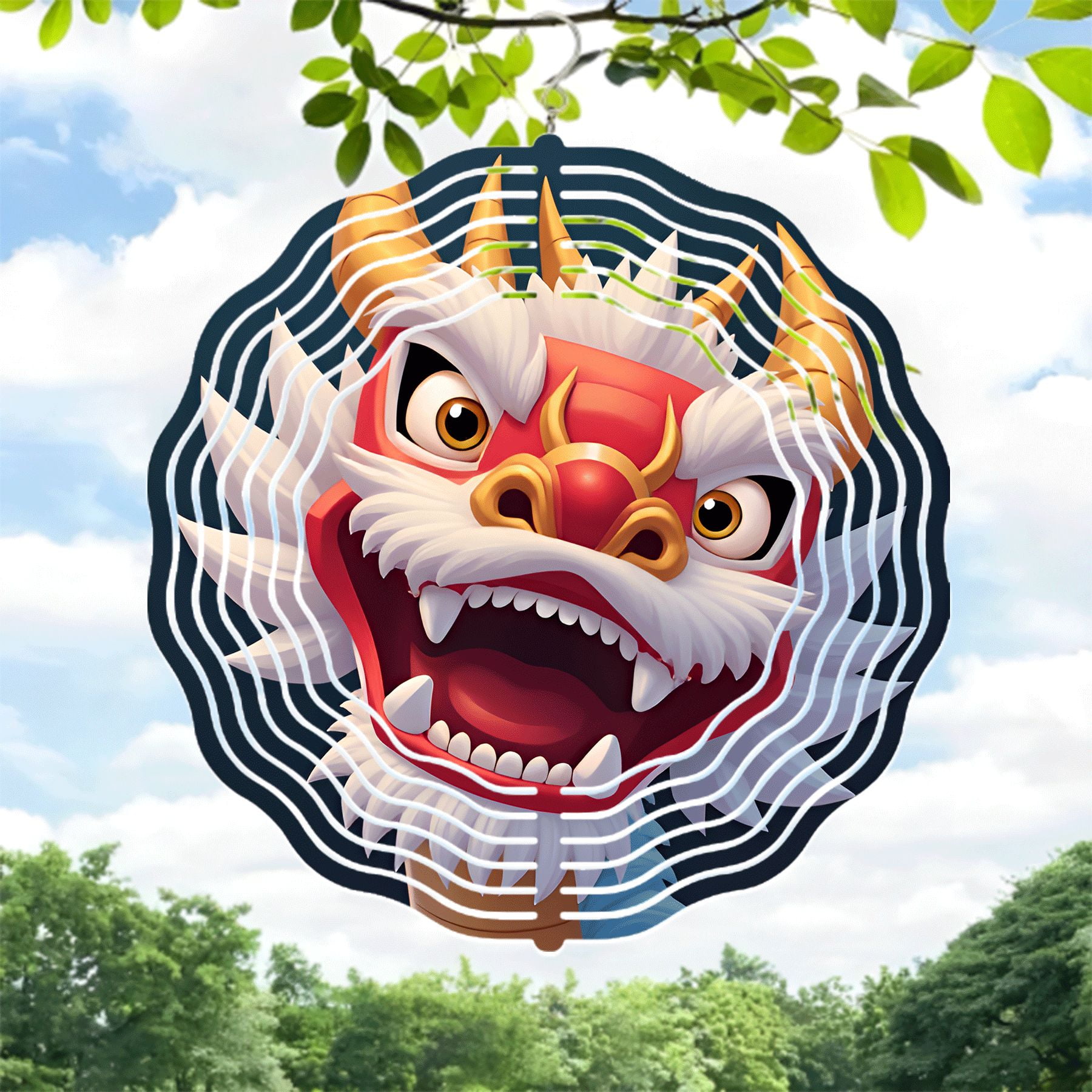 Vibrant Metal Hanging Wind Spinner with Dragon Head Design Golden Horns ...