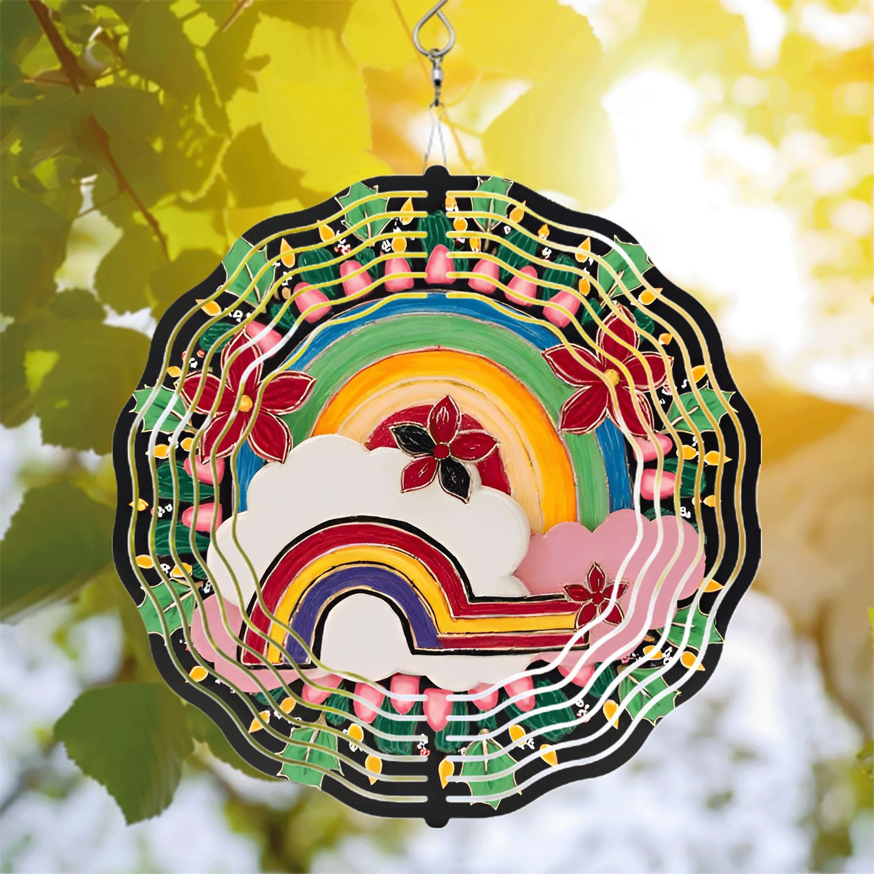 Vibrant Metal Hanging Wind Spinner with Floral Patterns - Whimsical ...