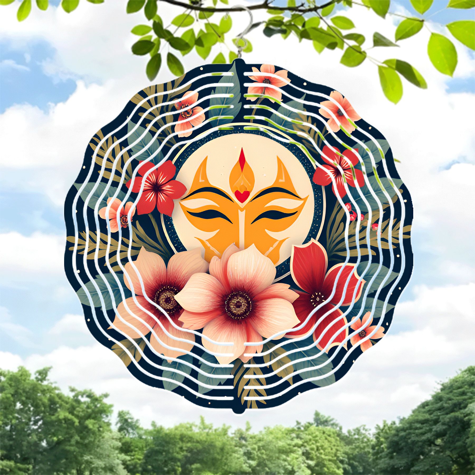 Vibrant Metal Hanging Wind Spinner with Floral and Mask Motif Circular ...