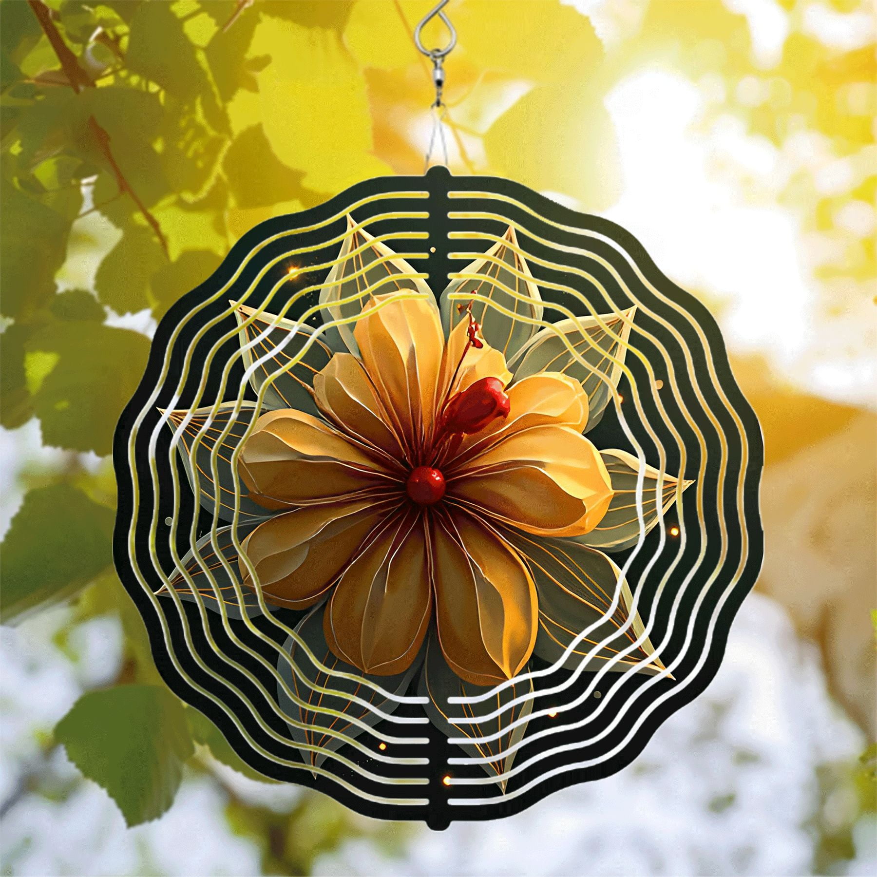 Vibrant Metal Hanging Wind Spinner with Golden Petals & Red Center ...