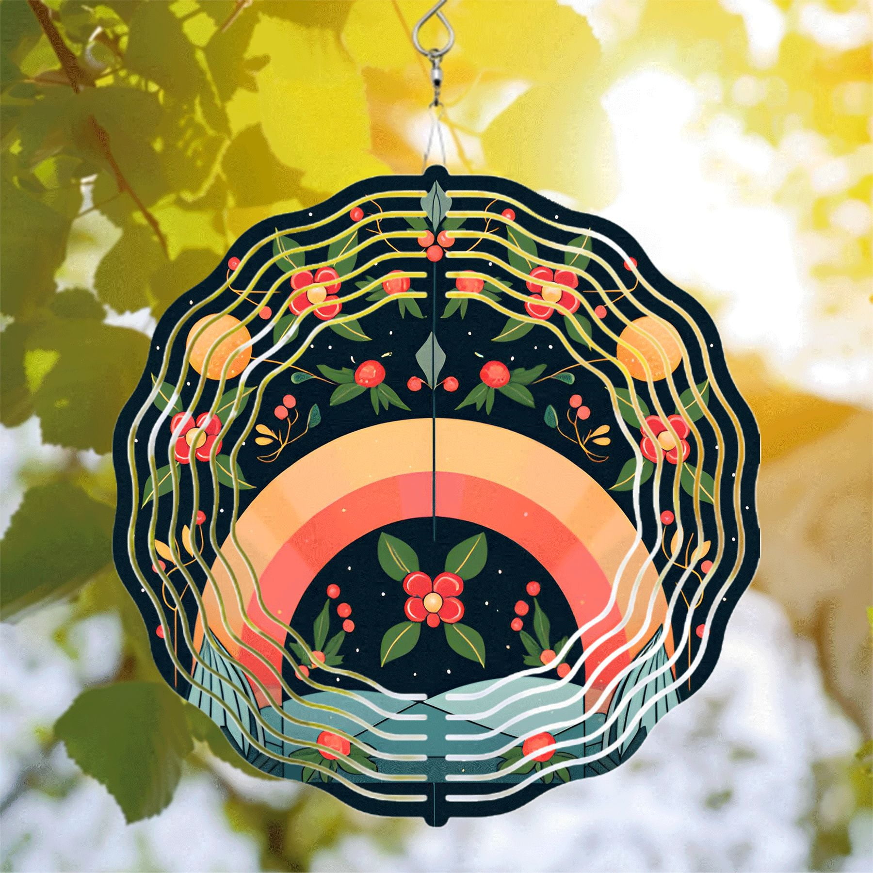 Vibrant Metal Hanging Wind Spinner with Rainbow & Floral Motifs ...