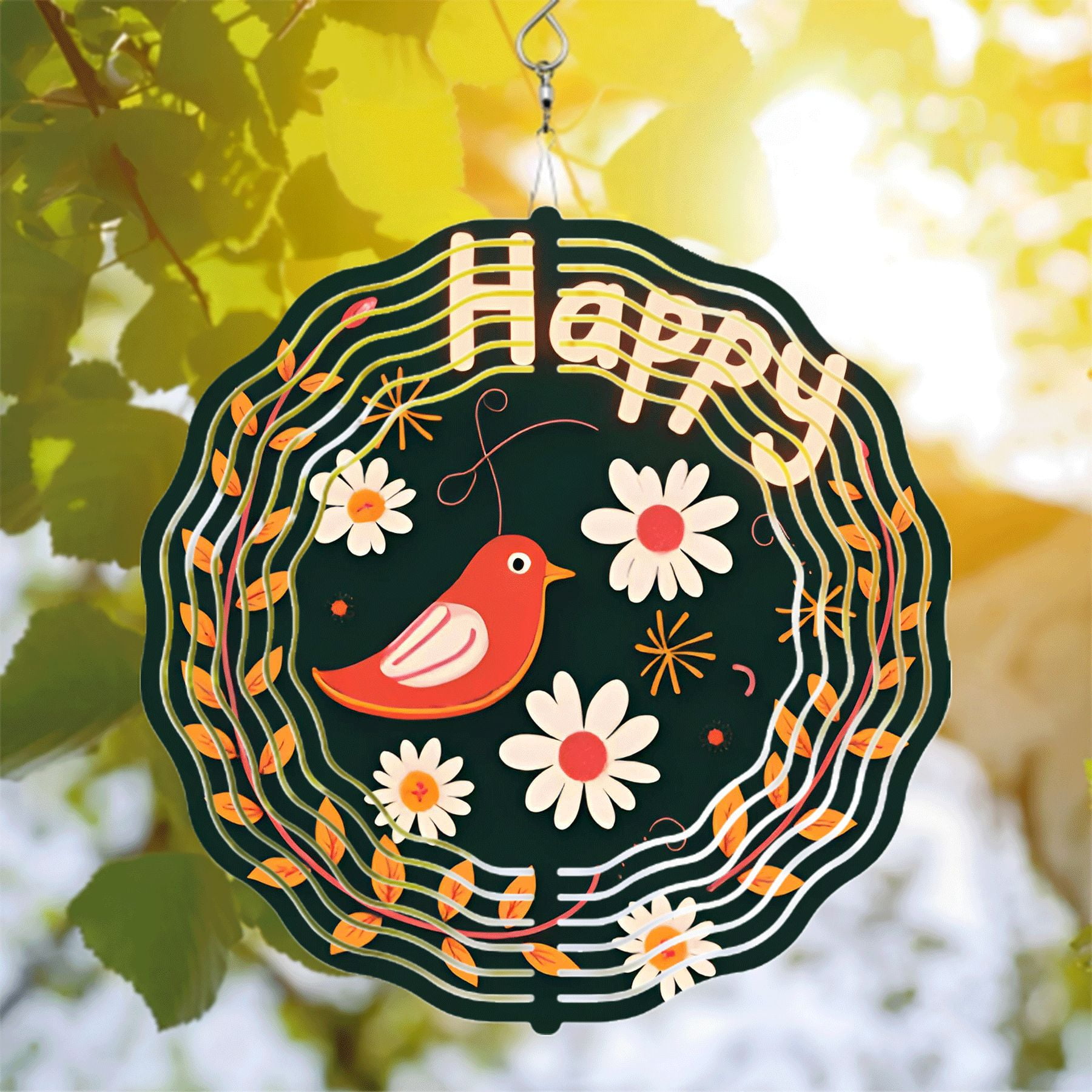 Vibrant Metal Hanging Wind Spinner with Red Bird & Floral Design ...