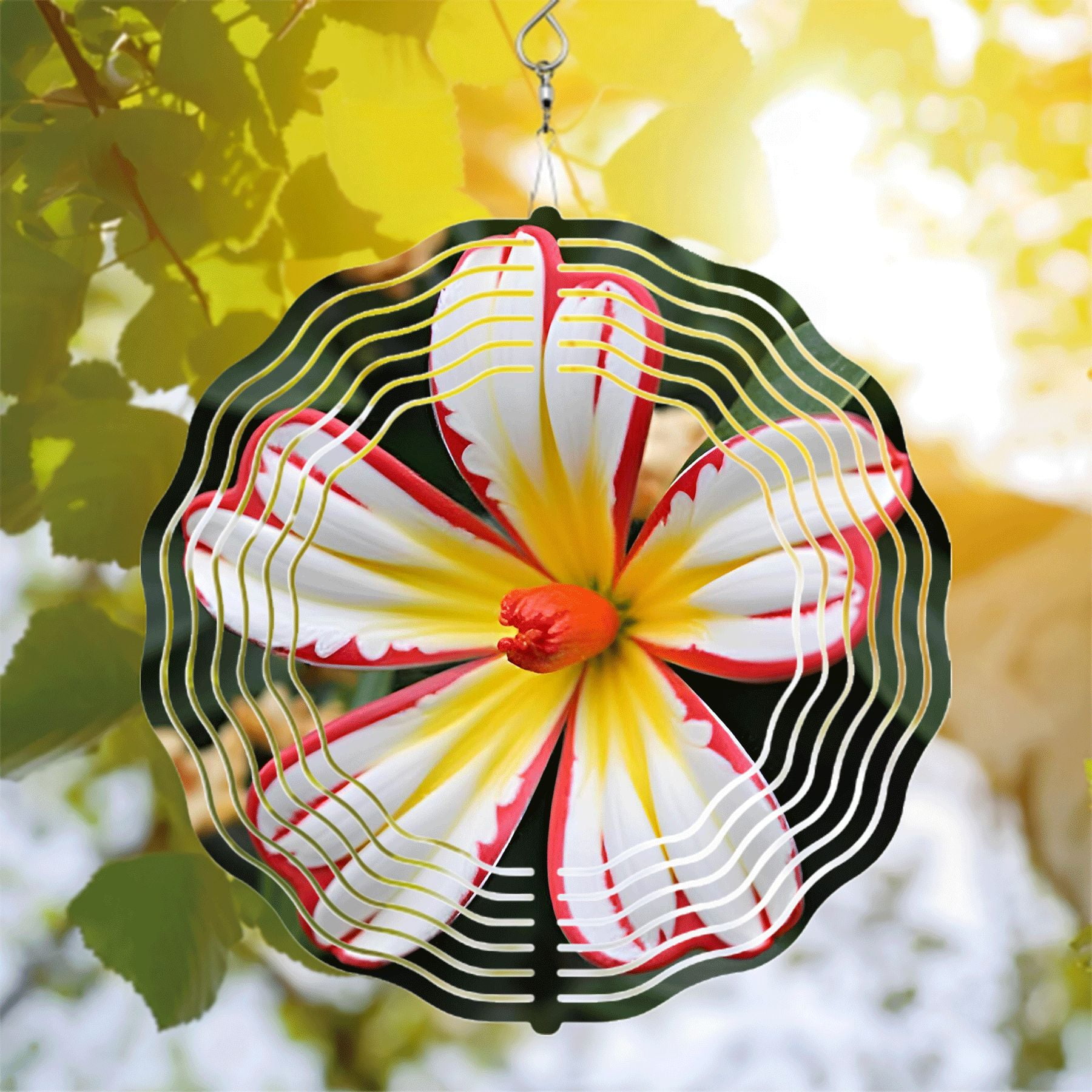 Vibrant Metal Hanging Wind Spinner with Red - Edged White Petals ...
