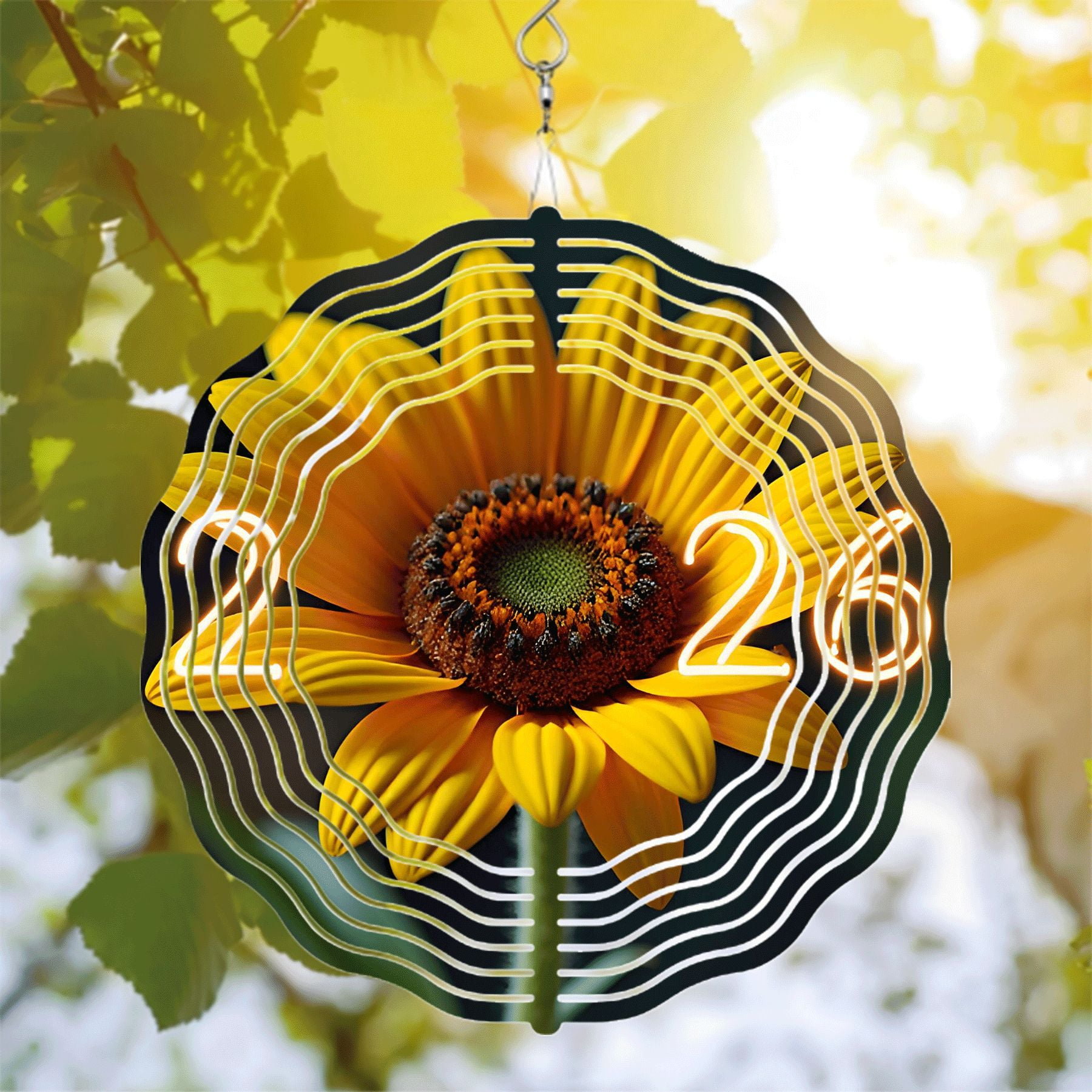 Vibrant Metal Hanging Wind Spinner with Sunflower Design & Concentric ...