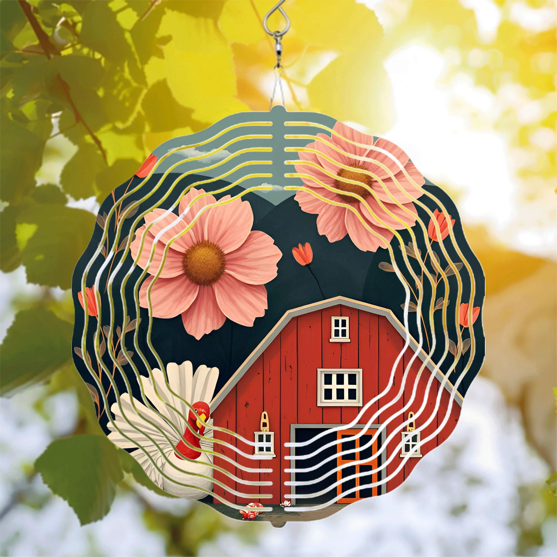 Vibrant Metal Hanging Wind Spinners & Chimes - Rustic Barn Scene with ...