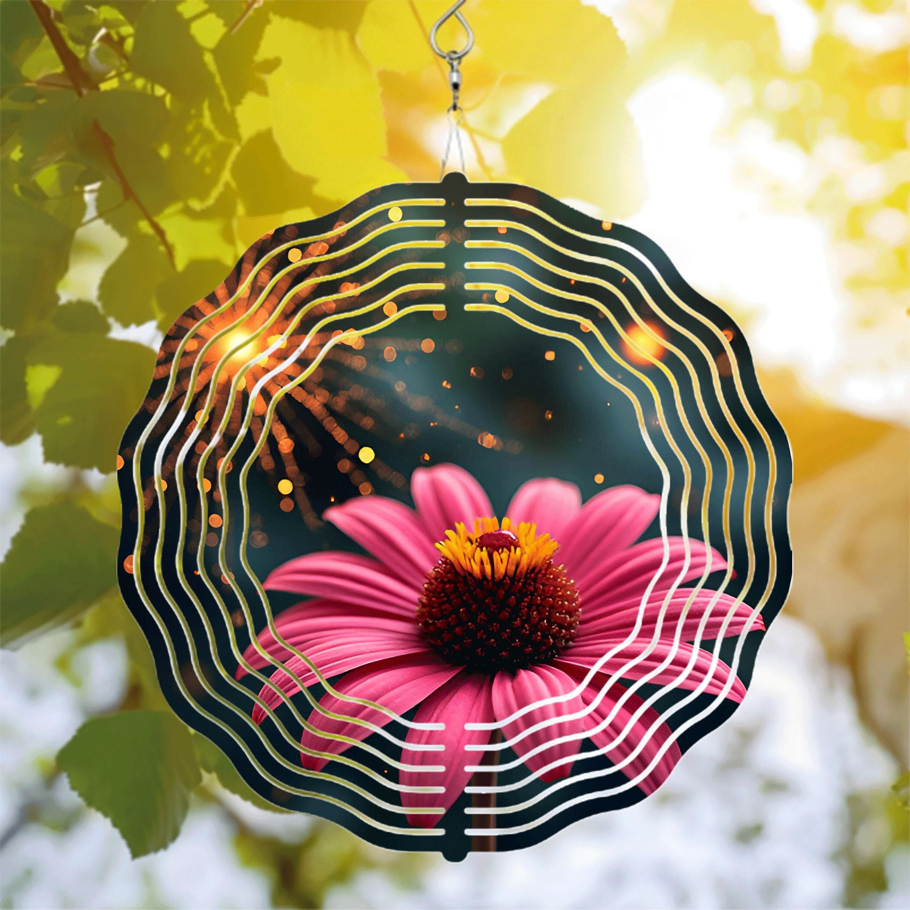 Vibrant Metal Hanging Wind Spinners with Floral Design & Concentric ...