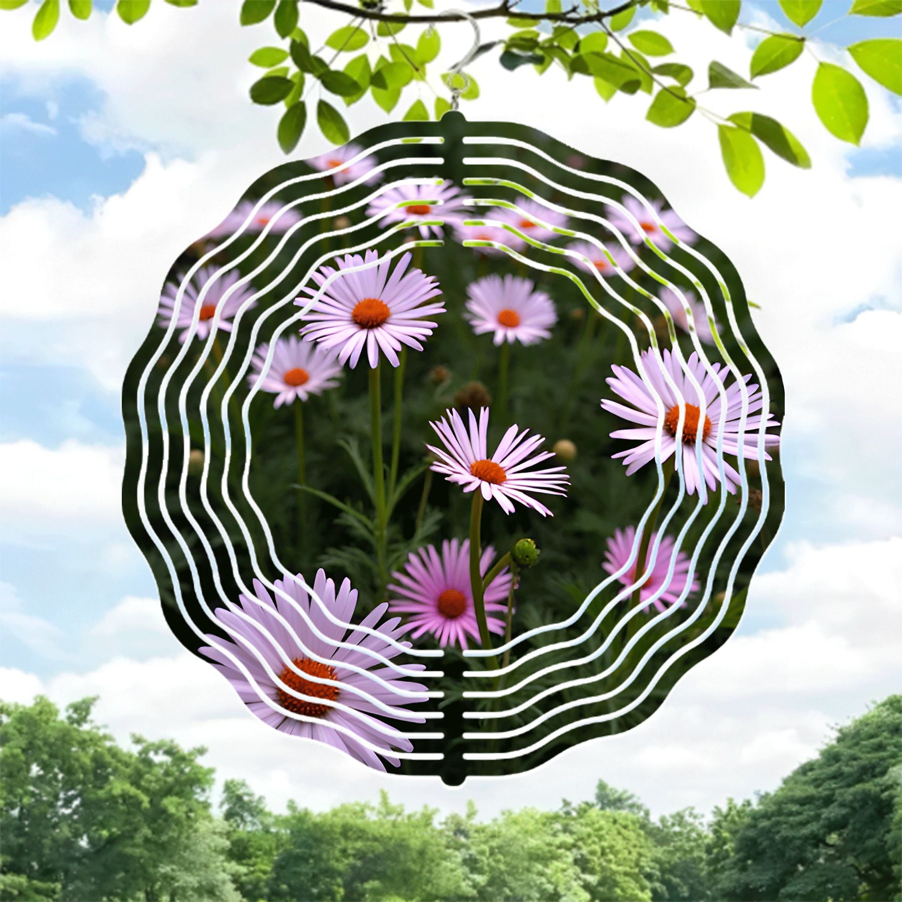 Vibrant Metal Hanging Wind Spinners with Pink Flower Design & Orange ...