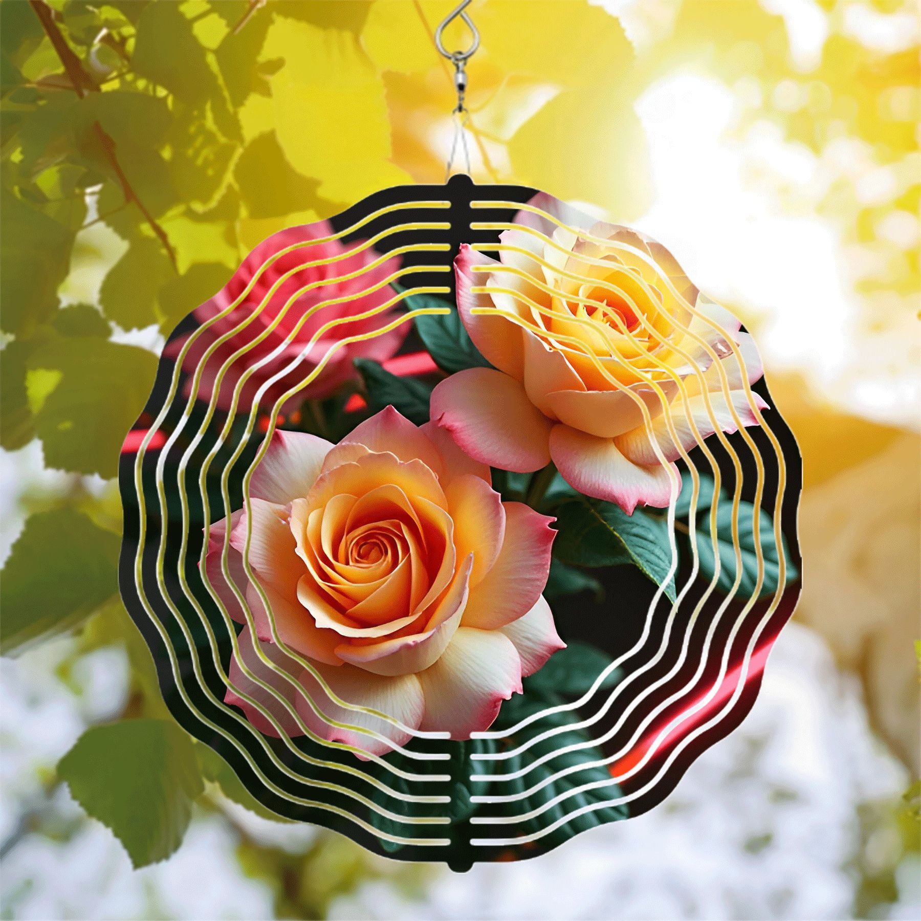 Vibrant Metal Hanging Wind Spinners with Wavy White Lines & Colorful ...