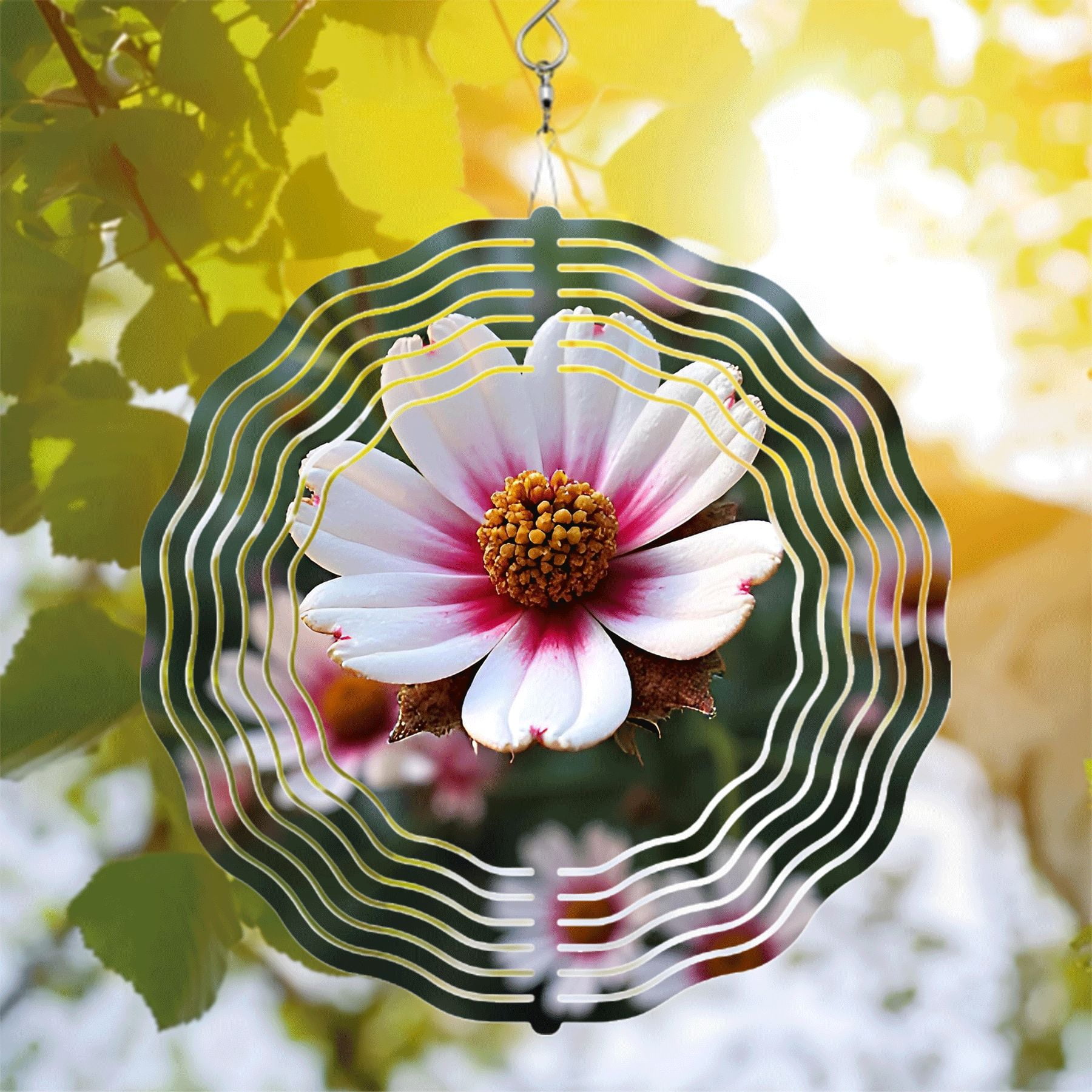 Vibrant Metal Hanging Wind Spinners with White Petals & Pink Gradient ...