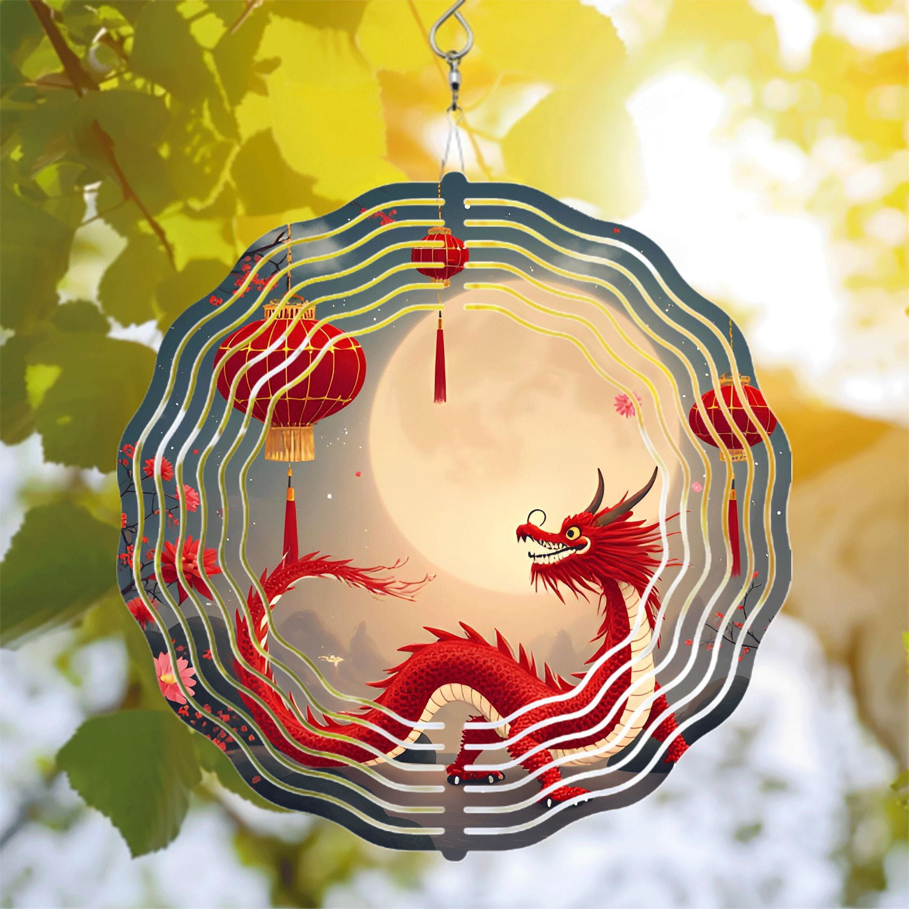 Vibrant Metal Wind Spinner & Chime - Festive Lanterns & Cherry Blossoms ...