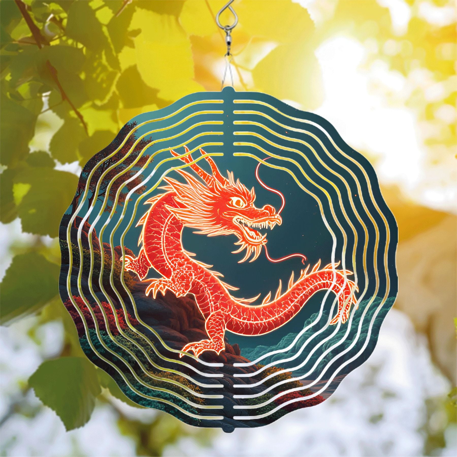 Vibrant Metal Wind Spinner with Glowing White Lines & Circular Patterns ...