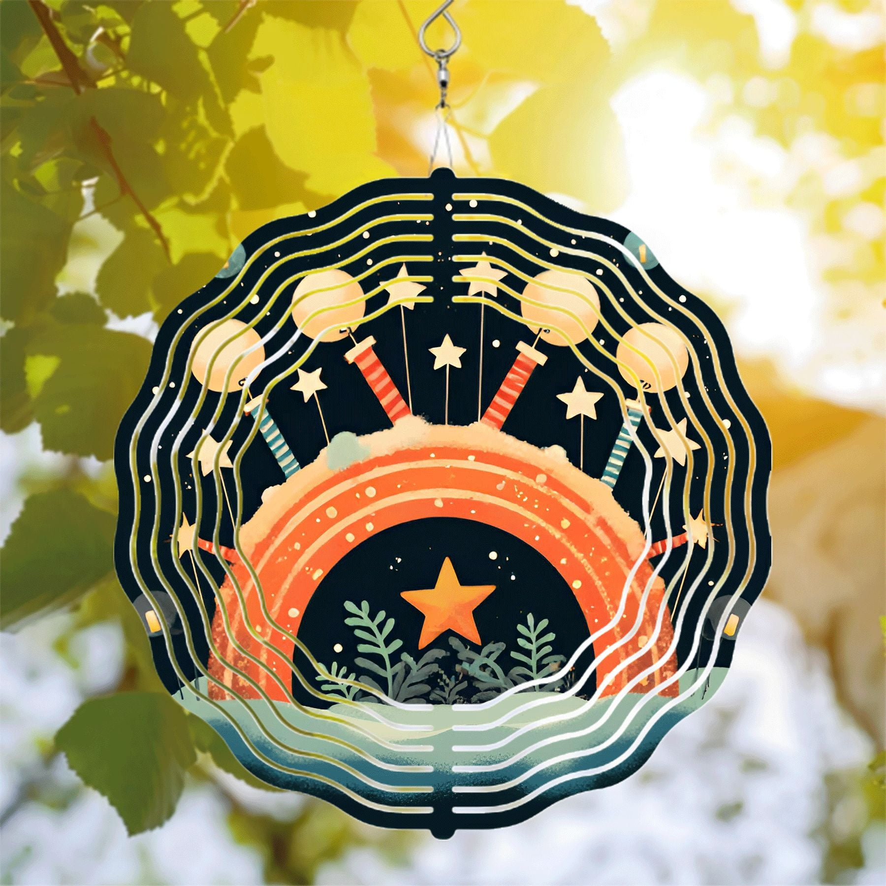 Vibrant Metal Wind Spinner with Orange Rainbow Stars & Candy Design ...