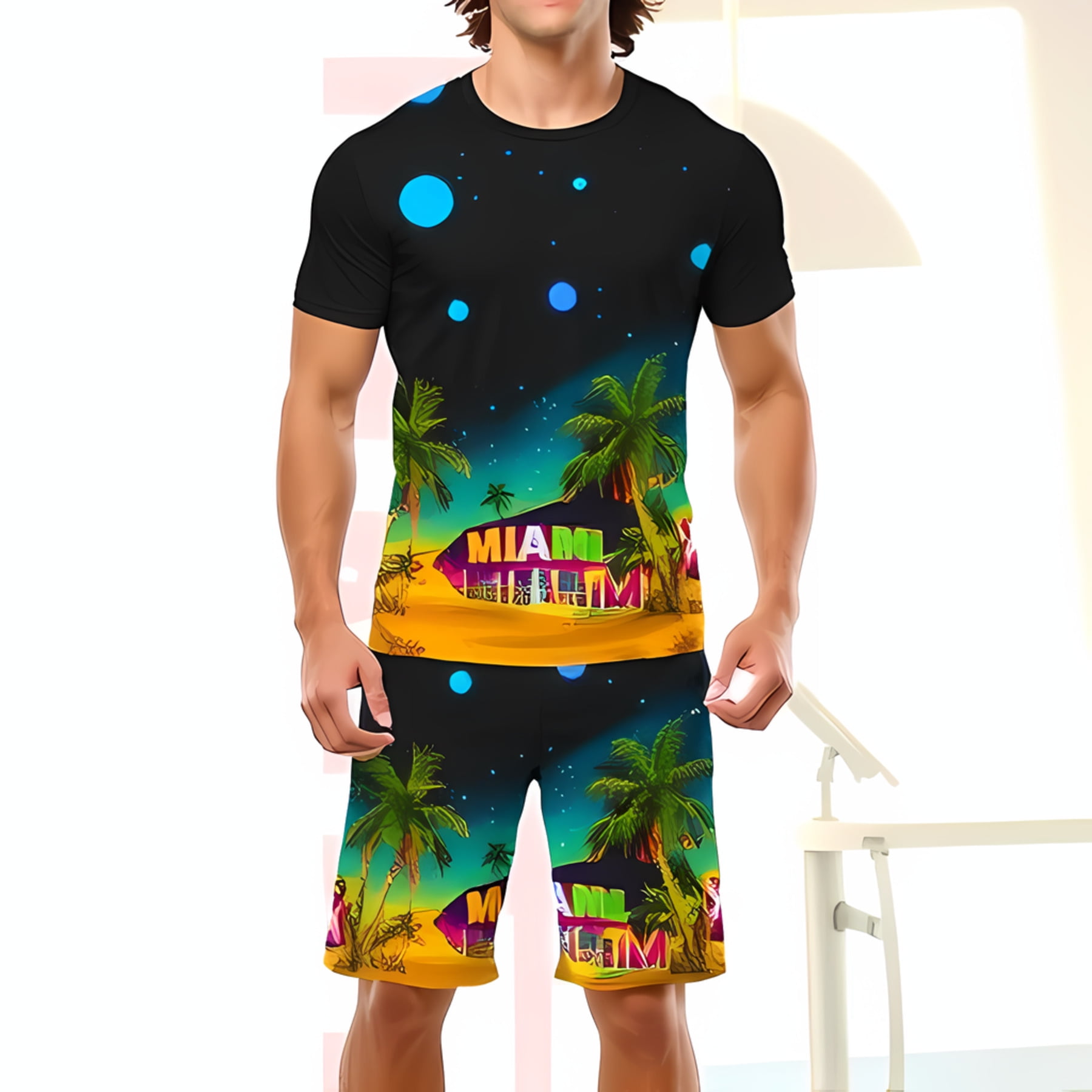 Vibrant Miami Beach Scene T-Shirt and Shorts Set - Black with Trees ...