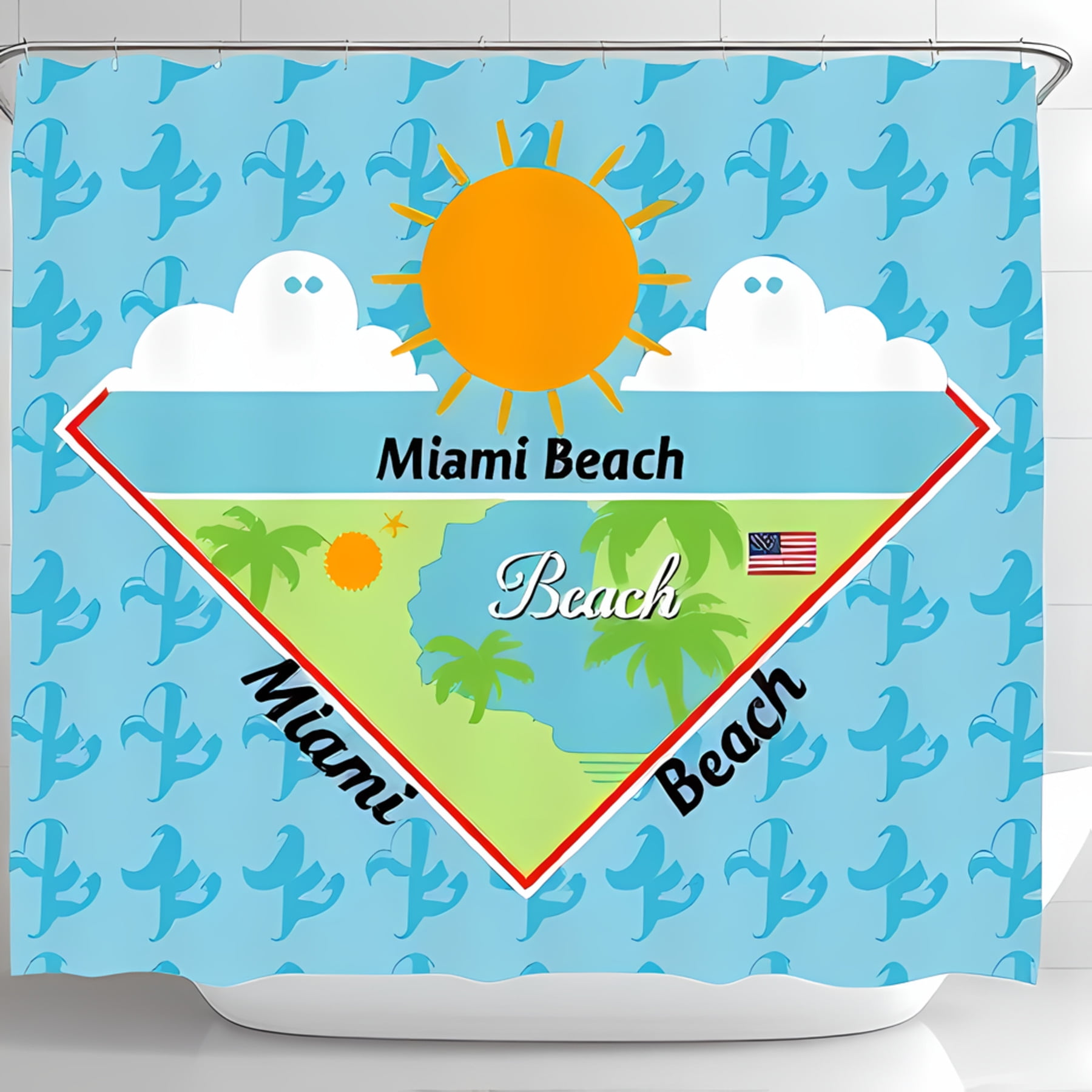 Vibrant Miami Beach Shower Curtain with Stylized Map Trees Sunny Sky ...