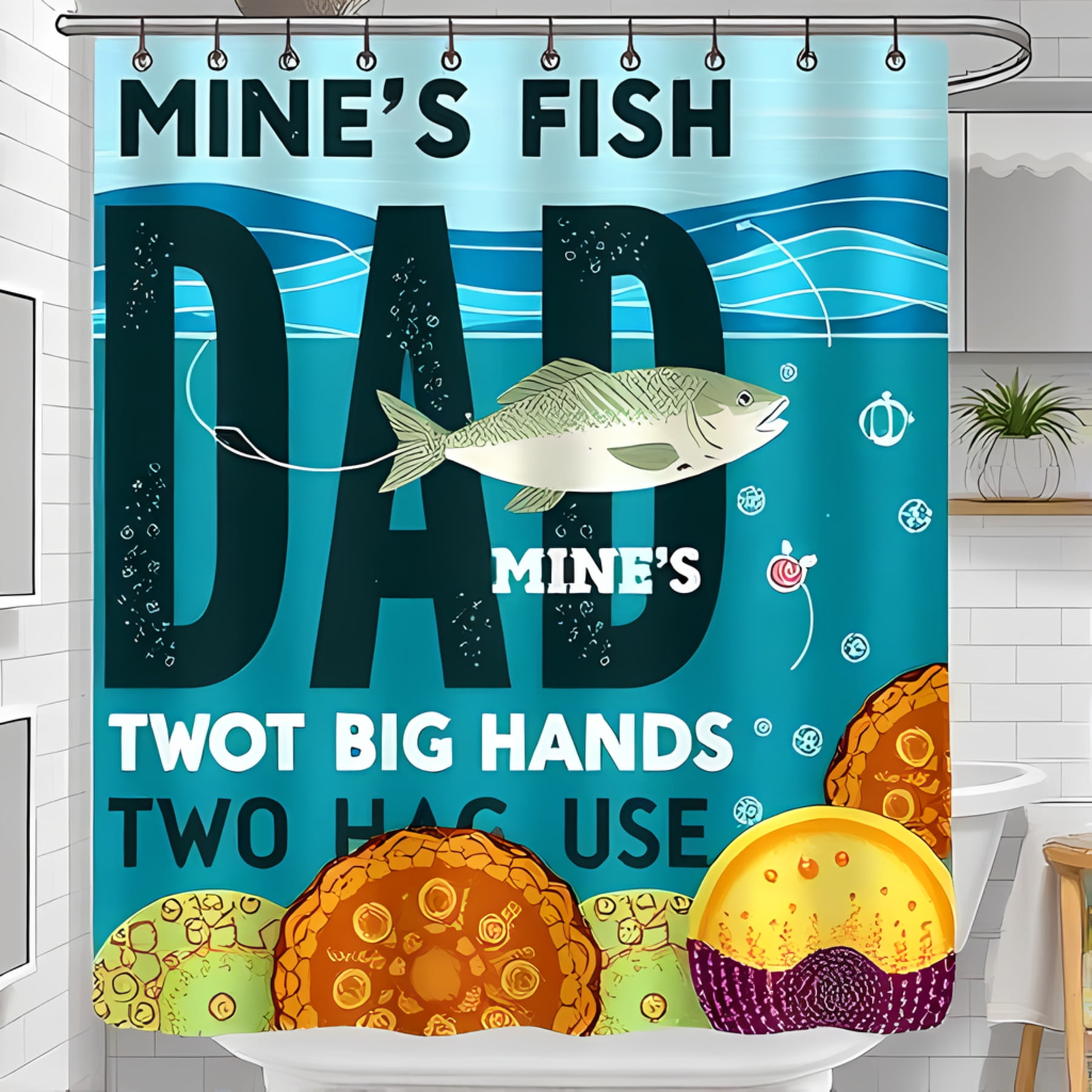 Vibrant 'Mine's Fish Dad' Shower Curtain - Playful Design with Stylized ...