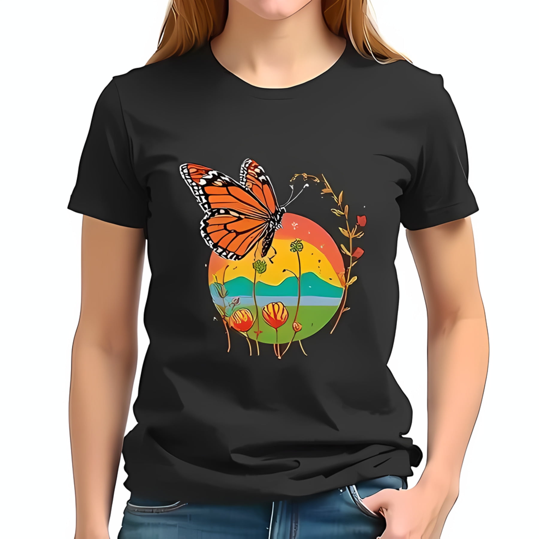 Vibrant Monarch Butterfly T-Shirt with Sunset Design Soft Cotton Short ...