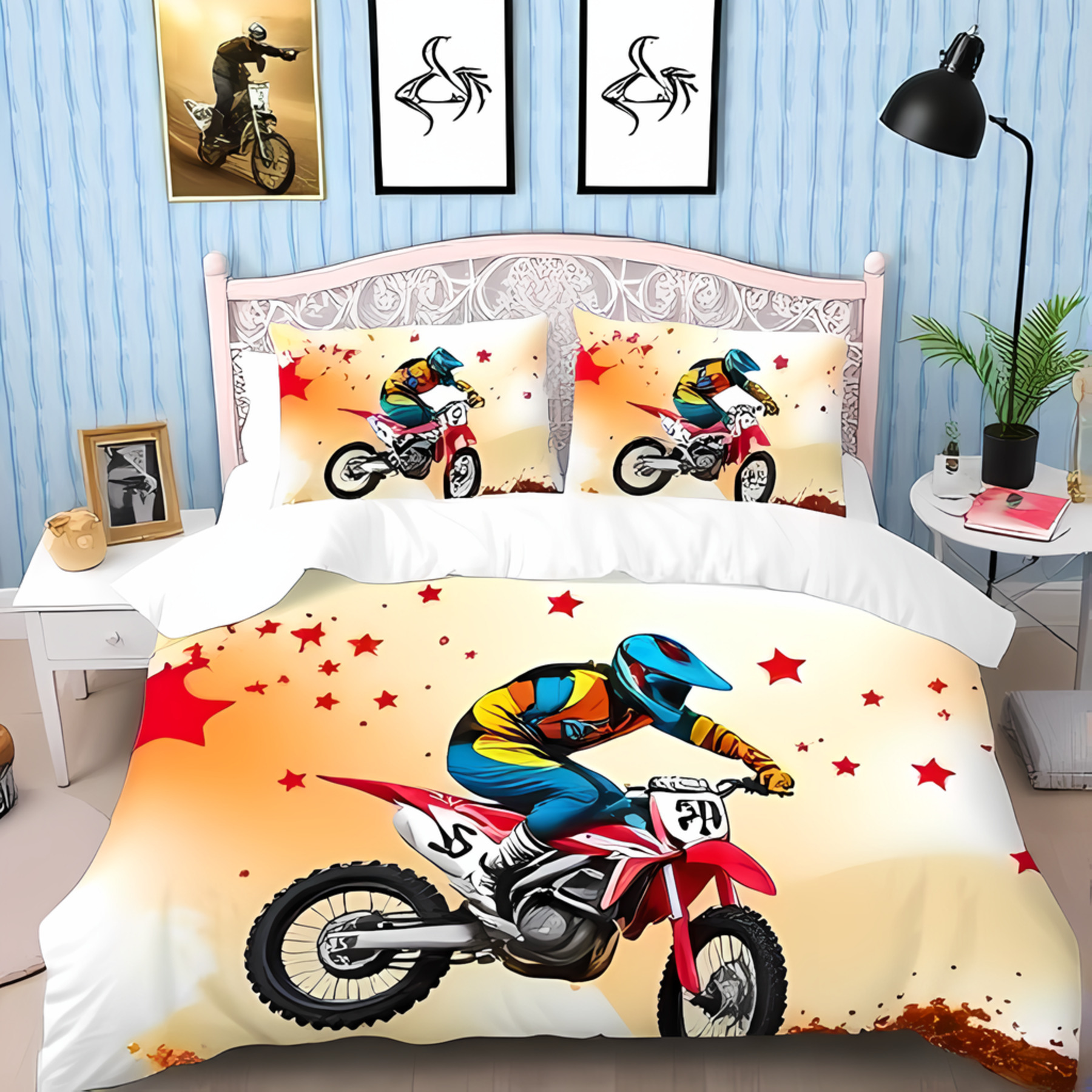 Vibrant Motocross Racer Duvet Cover Set Red Bike Design with Stars & Dirt Splatter - Walmart.com