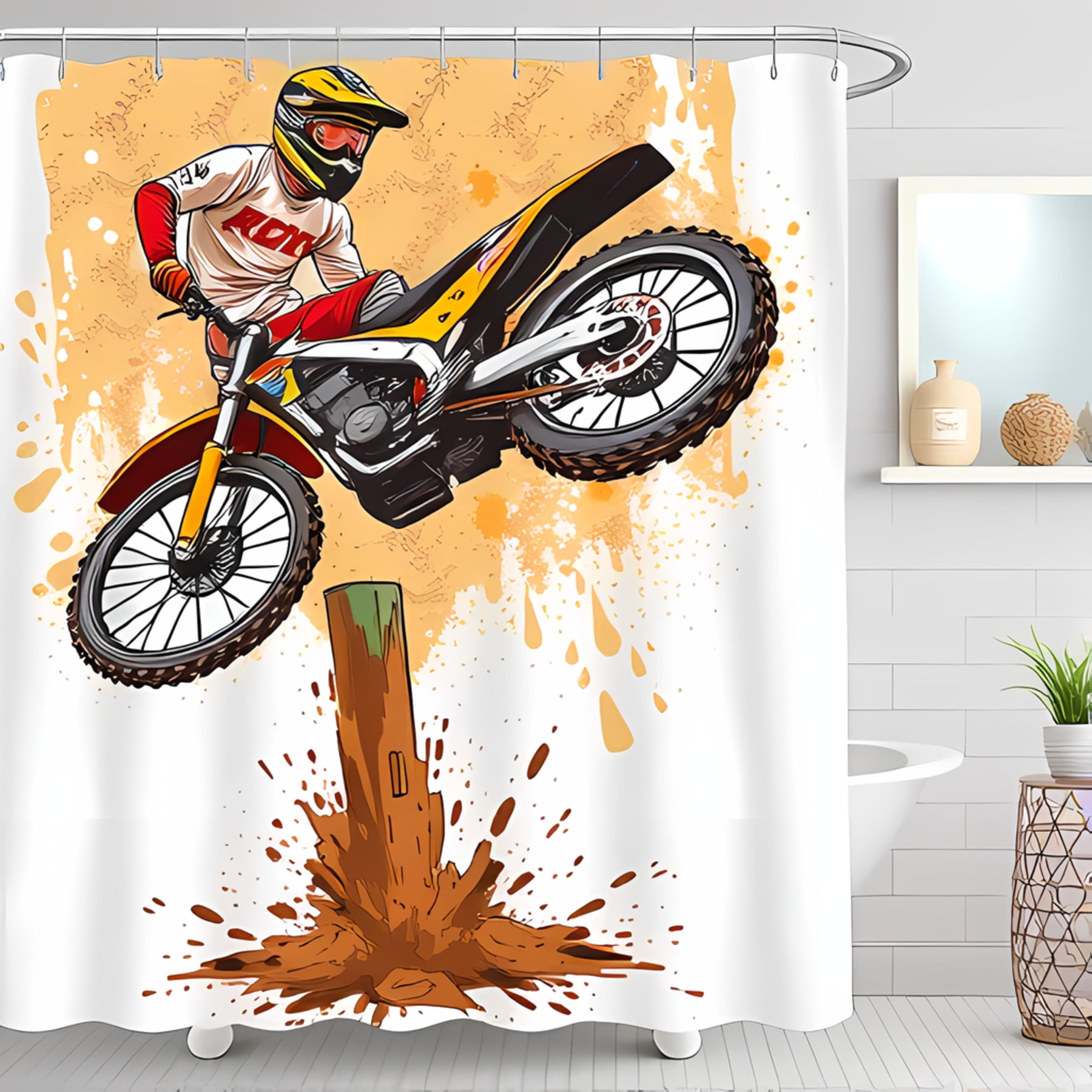 Vibrant Motocross Rider Shower Curtain - Dirt Bike Design with Energetic Orange and Mud Splash ...