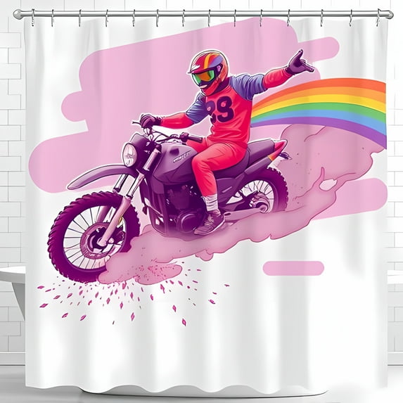 Vibrant Motocross Rider Shower Curtain - Stylized Dirt Bike Design with ...