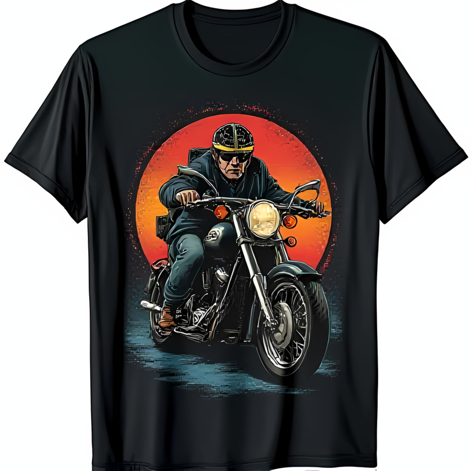 Vibrant Motorcycle Rider Graphic Black T-Shirt Sunset Backdrop Design ...