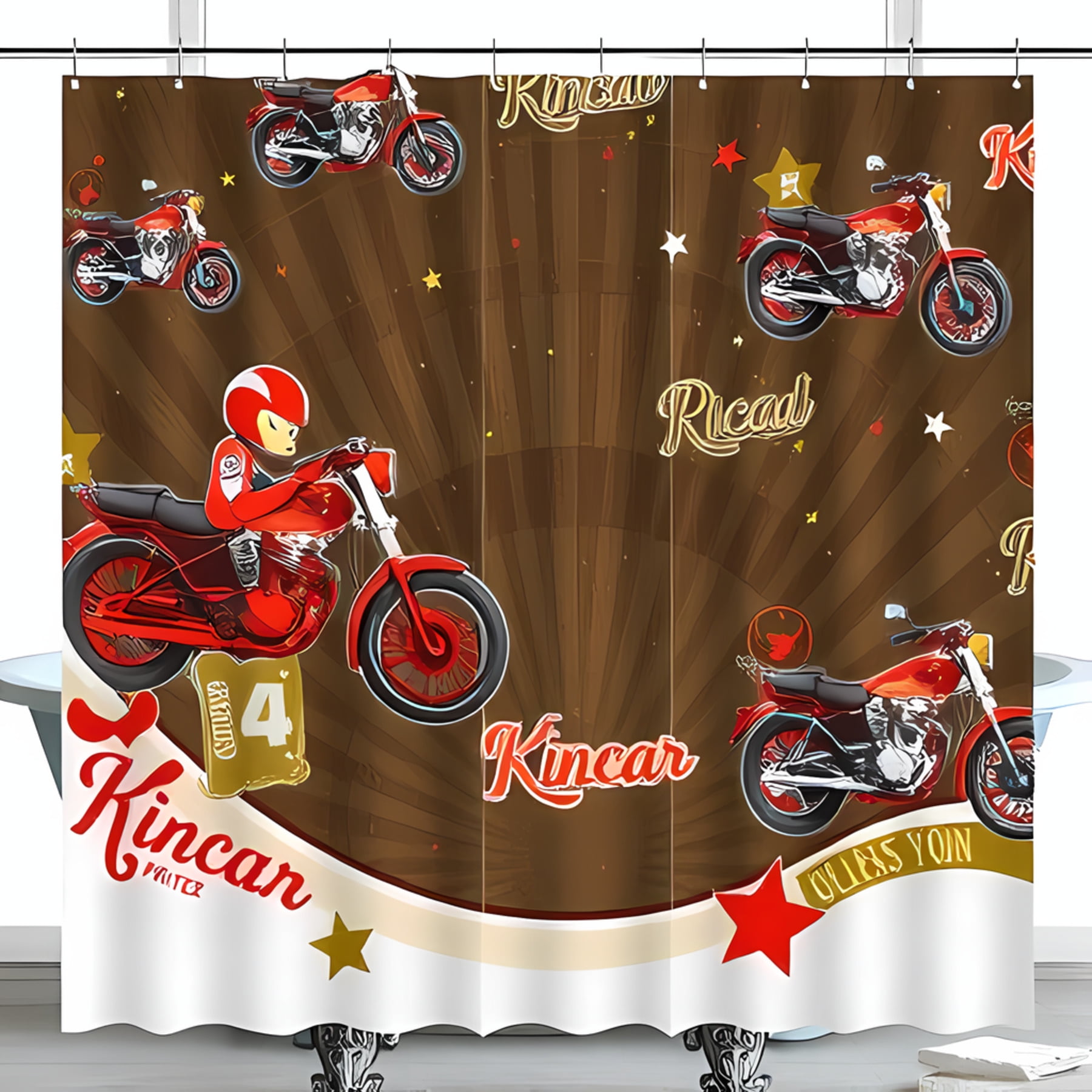 Vibrant Motorcycle Shower Curtain with Red Bikes Riders and 'Kincar ...