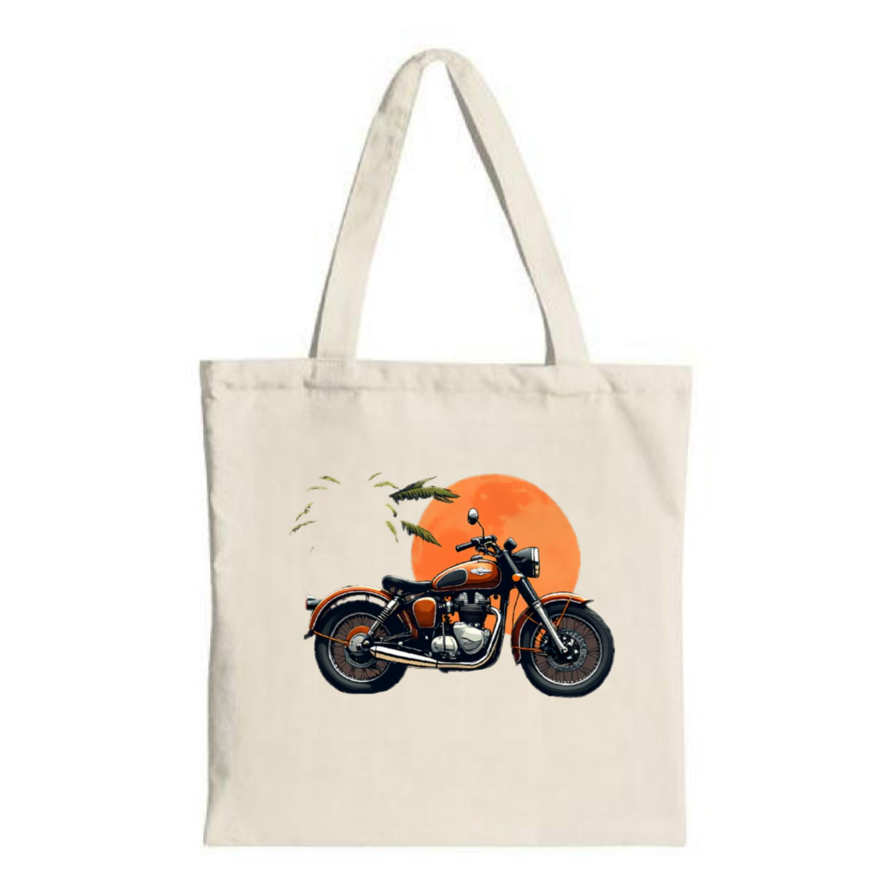 Vibrant Motorcycle Tote Bag - Retro Design with Orange Sun & Green ...