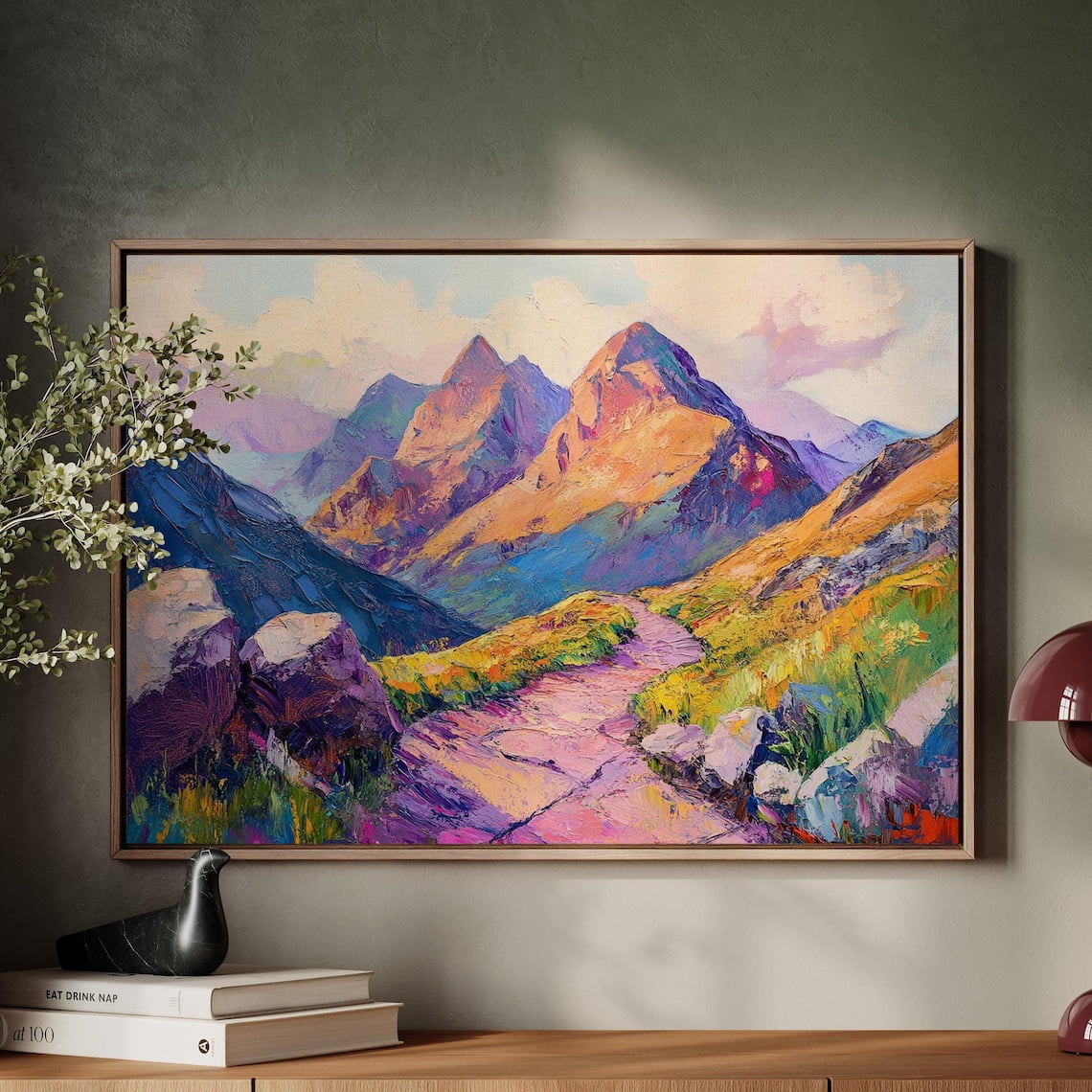 Vibrant Mountain Landscape Painting, Textured Pathway With Colorful ...