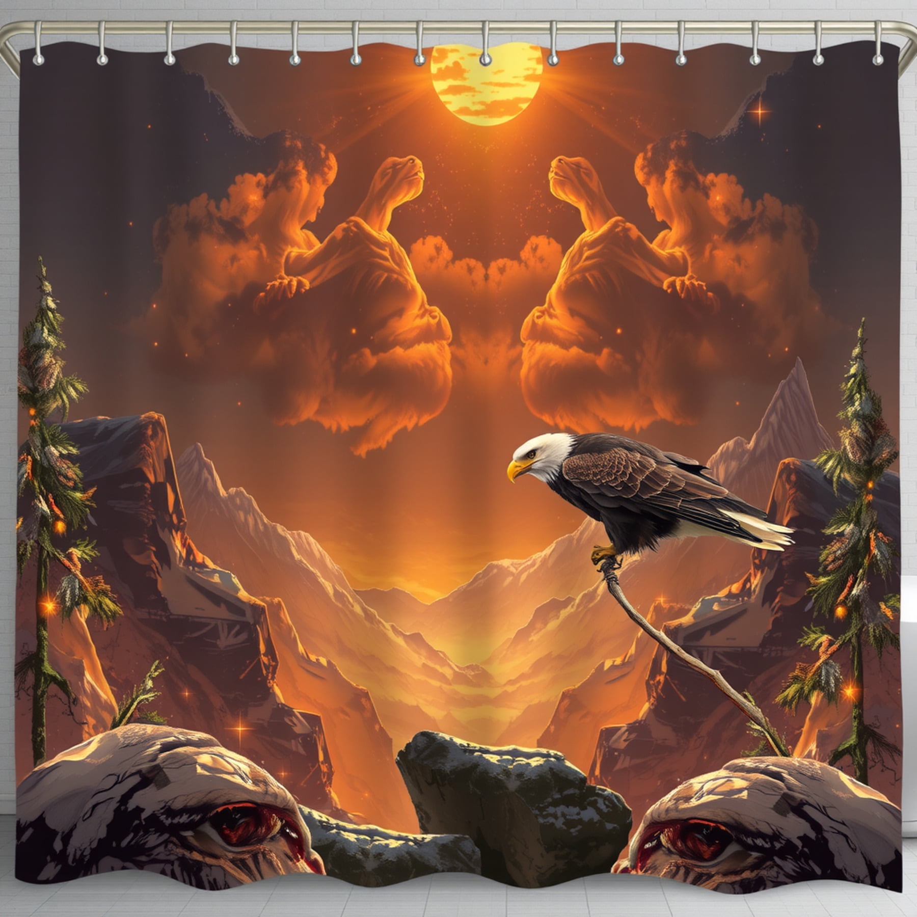 Vibrant Mountain Landscape Shower Curtain with Mythical Creatures Bald ...