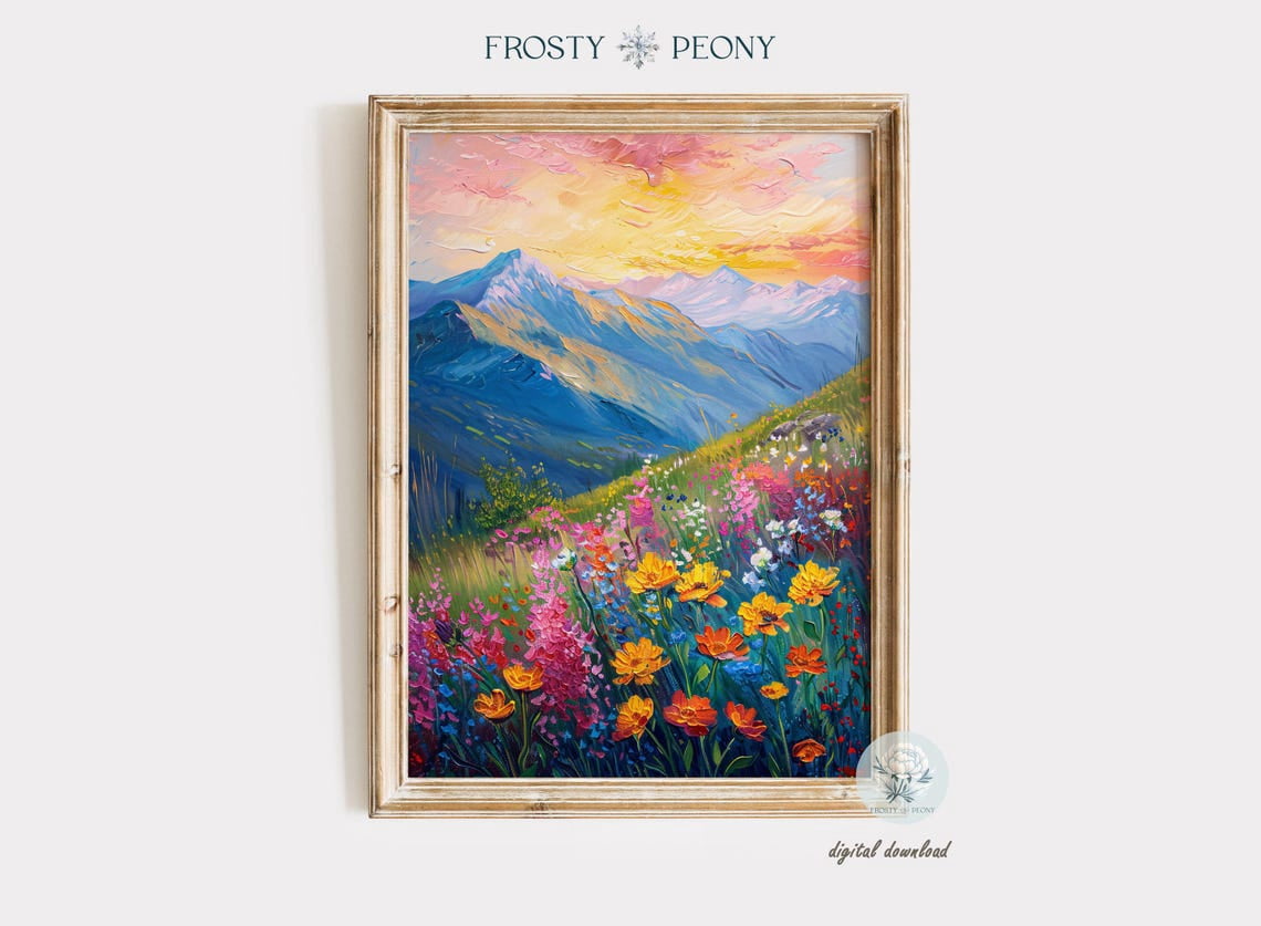 Vibrant Mountain And Wildflower Abstract Scenery Art Print, Abstract ...