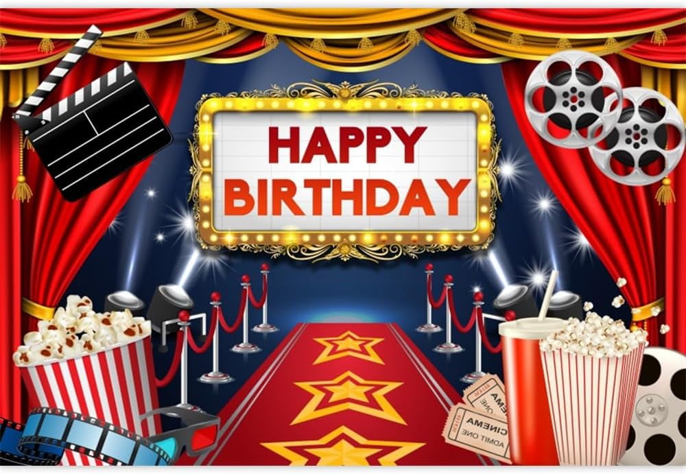 Vibrant Movie Theme Happy Birthday Backdrop Popcorn Drink Movie Night ...