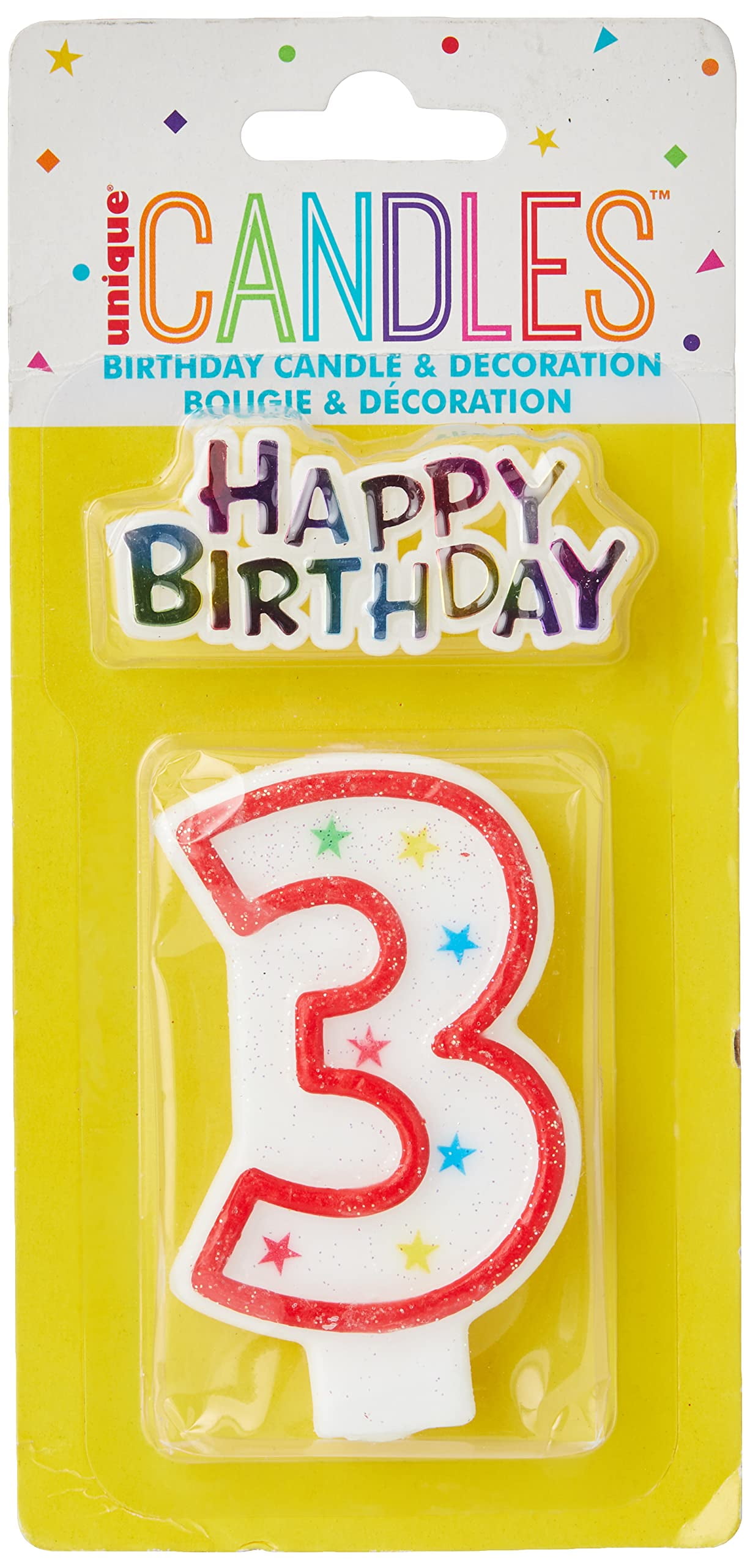Vibrant Multicolor Number "3" Glitter Wax Birthday Candle - 7.75" (1 ...