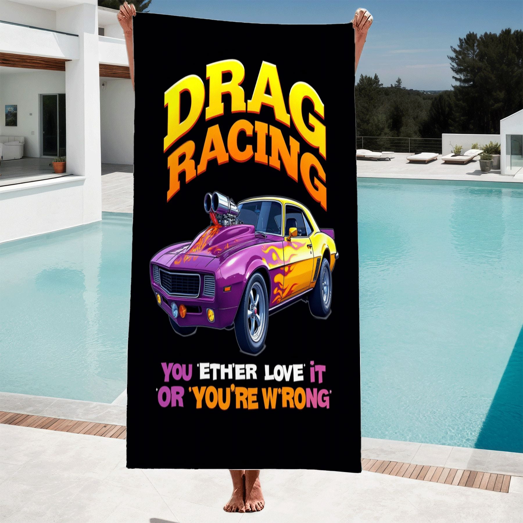 Vibrant Muscle Car Beach Towel - Retro Drag Racing Design with Flames ...