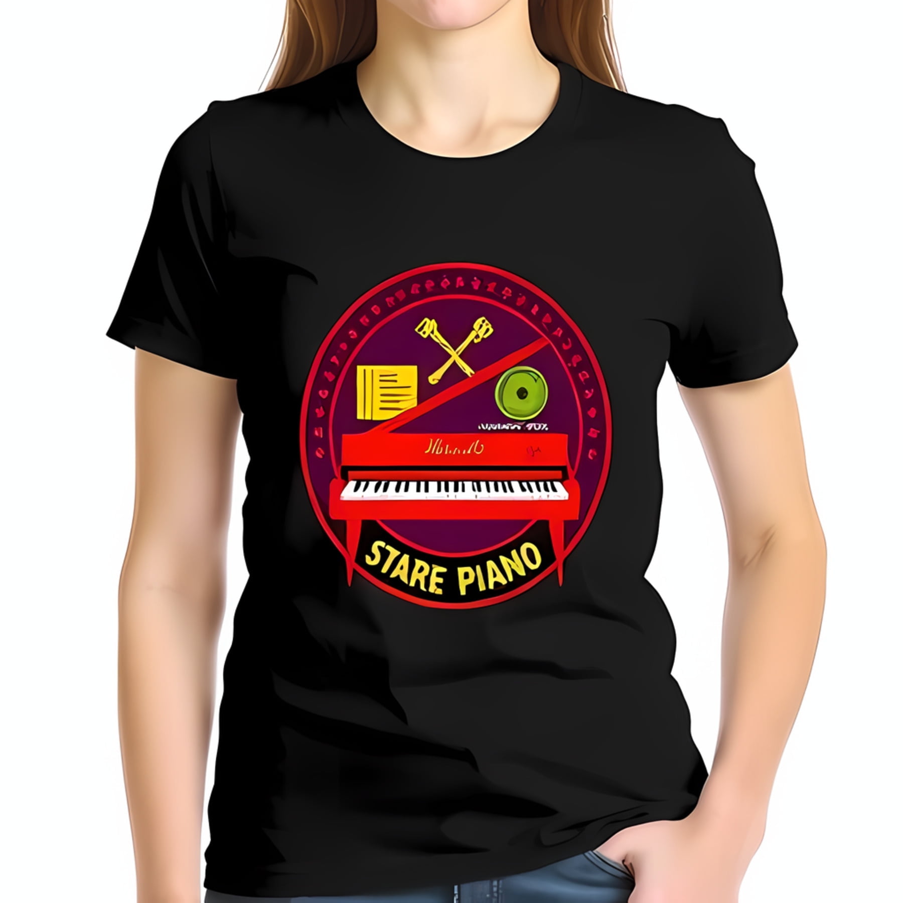 Vibrant Music Themed Cotton Short Sleeve T-Shirt with Piano Drum and ...