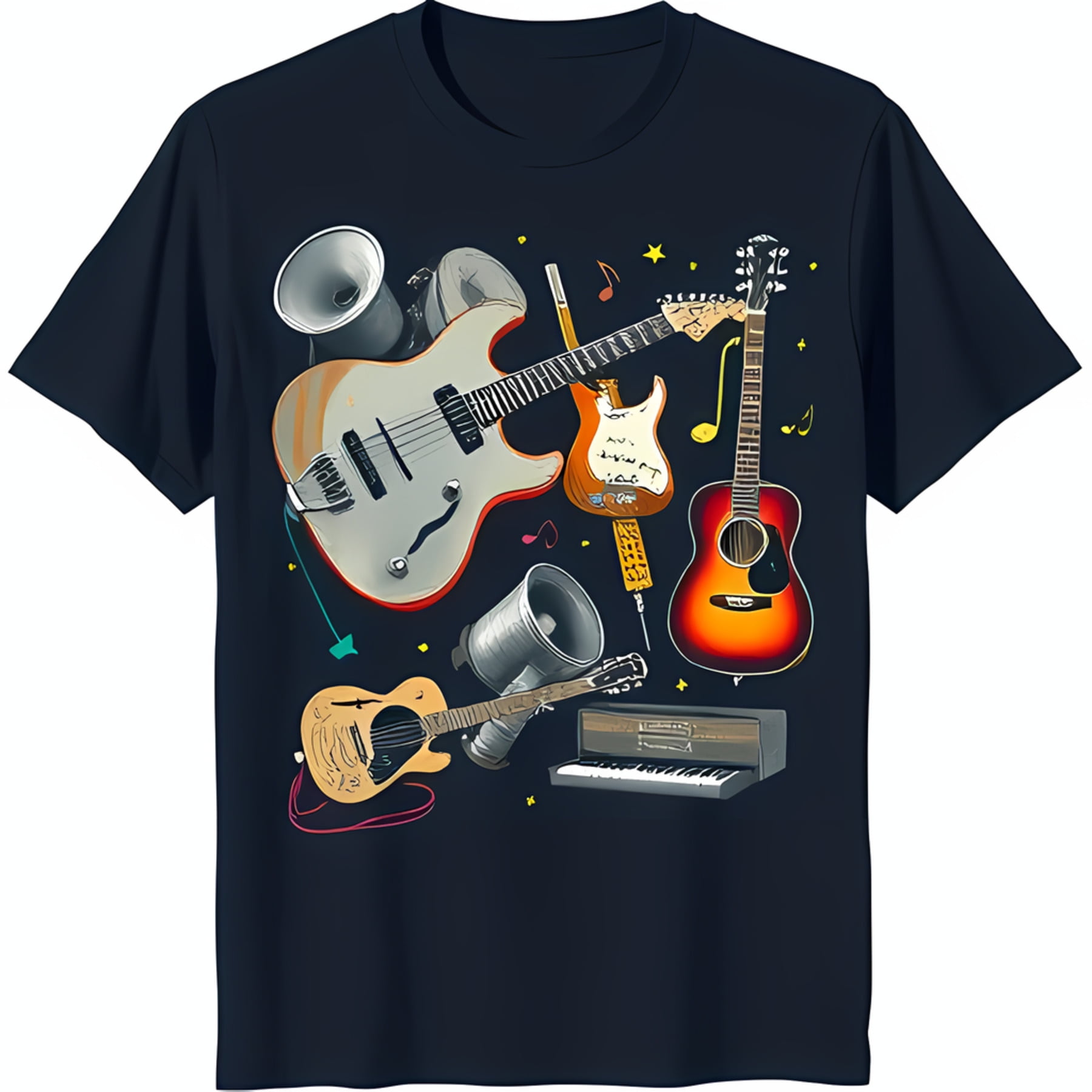 Vibrant Musical Instruments Graphic T-Shirt & Acoustic Guitars Keyboard ...