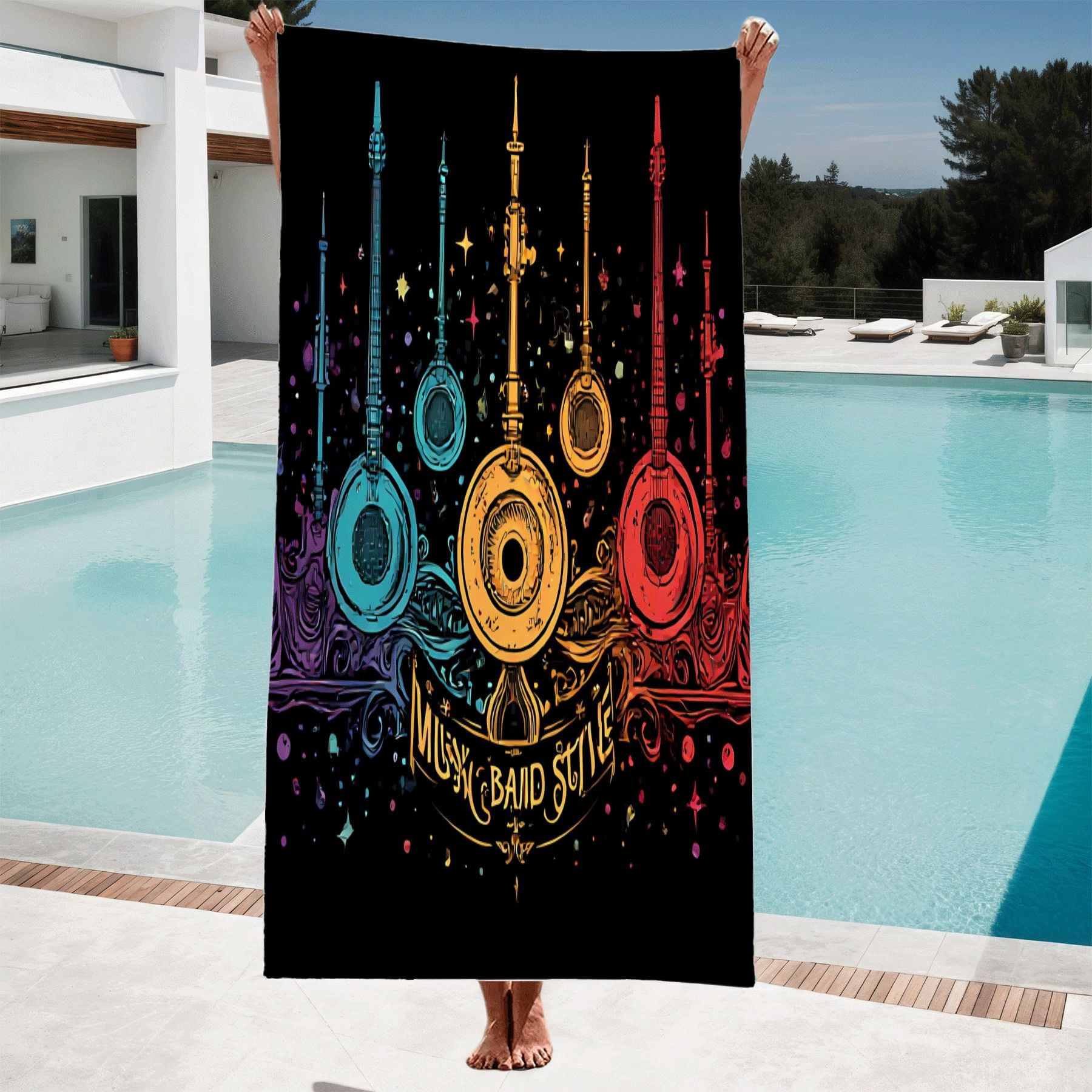 Vibrant Musical Instruments Pattern Beach Towel - Lutes Violins ...