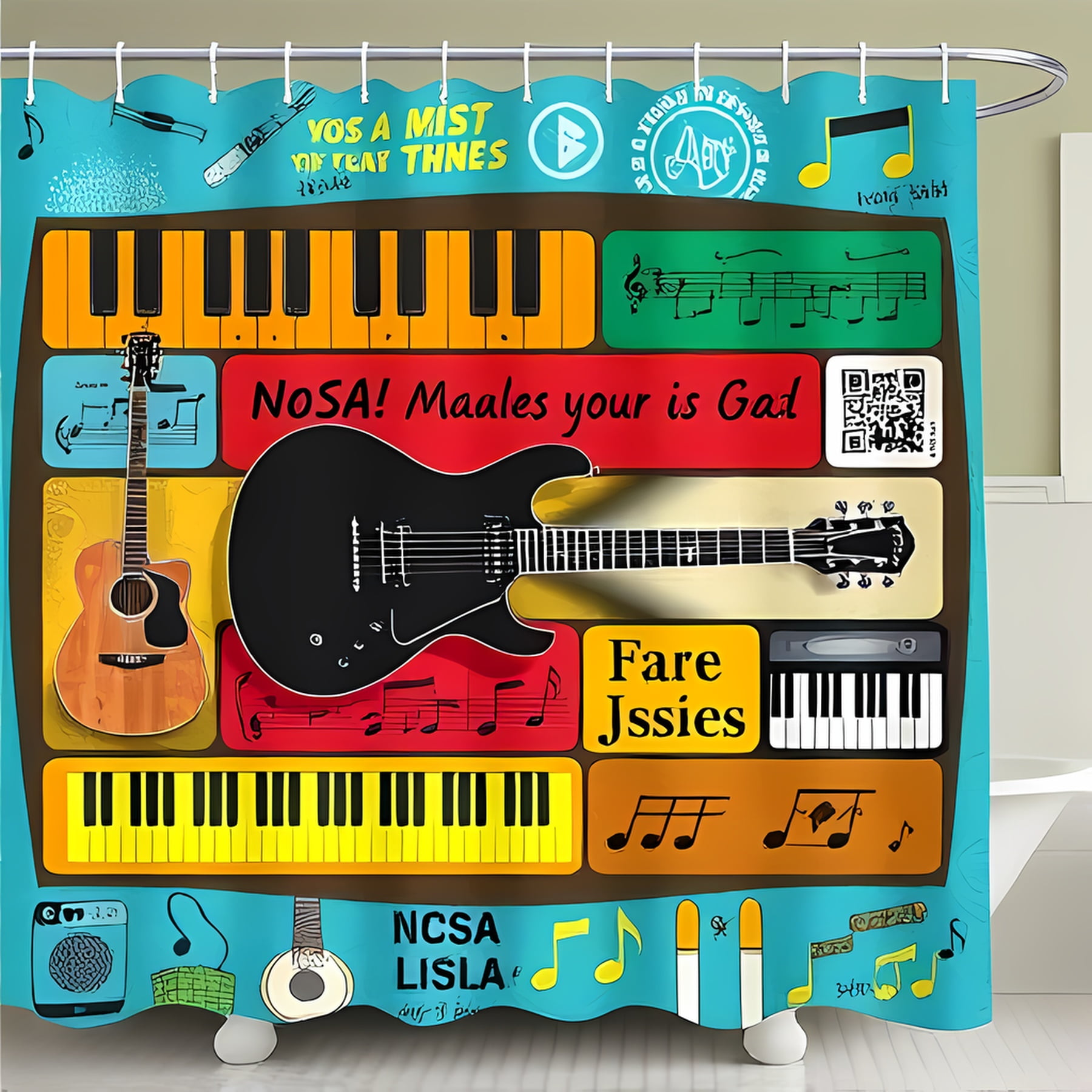 Vibrant Musical Instruments Shower Curtain - Retro Collage Design with ...