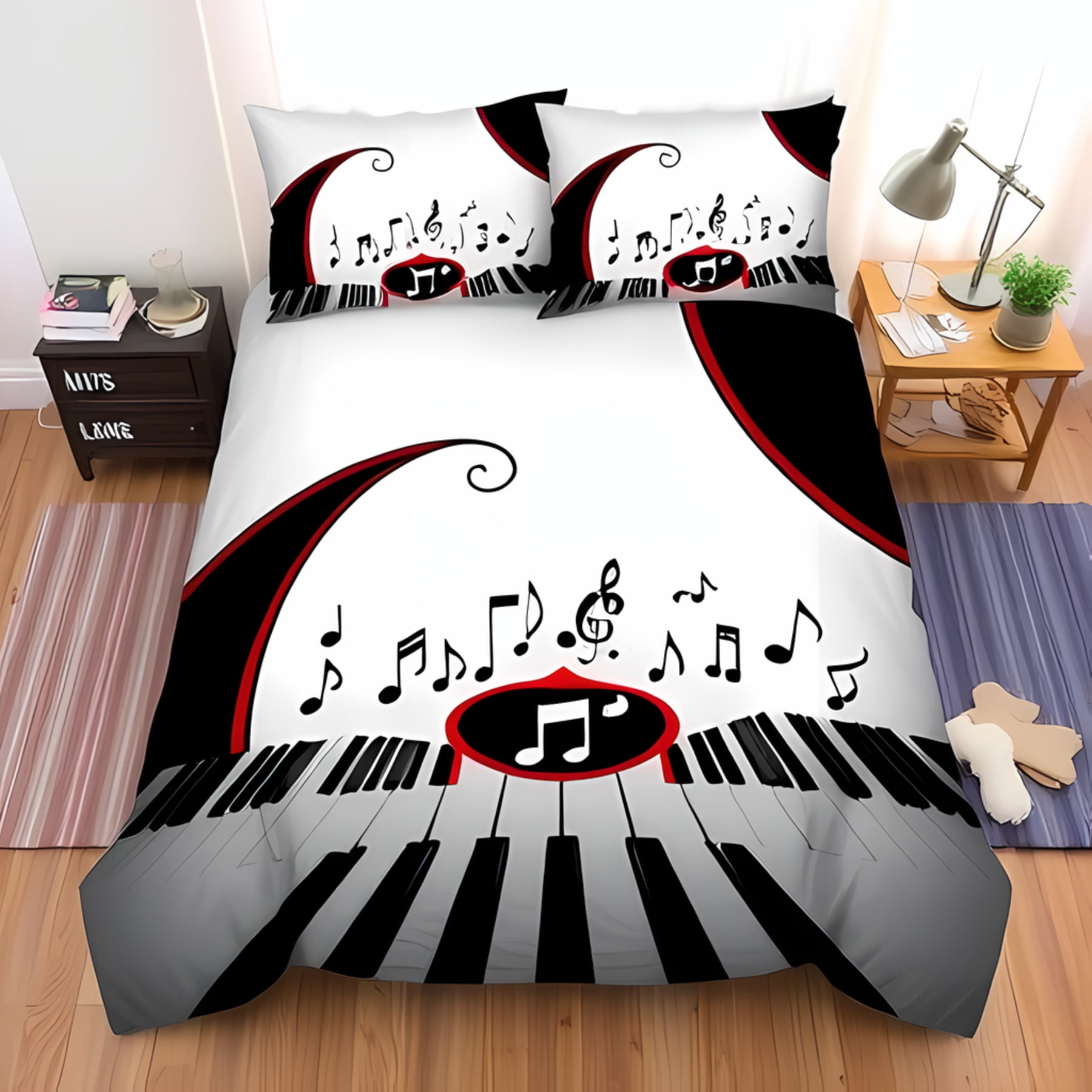 Vibrant Musical Notes & Piano Keyboard Bedding Set White Black Gray ...