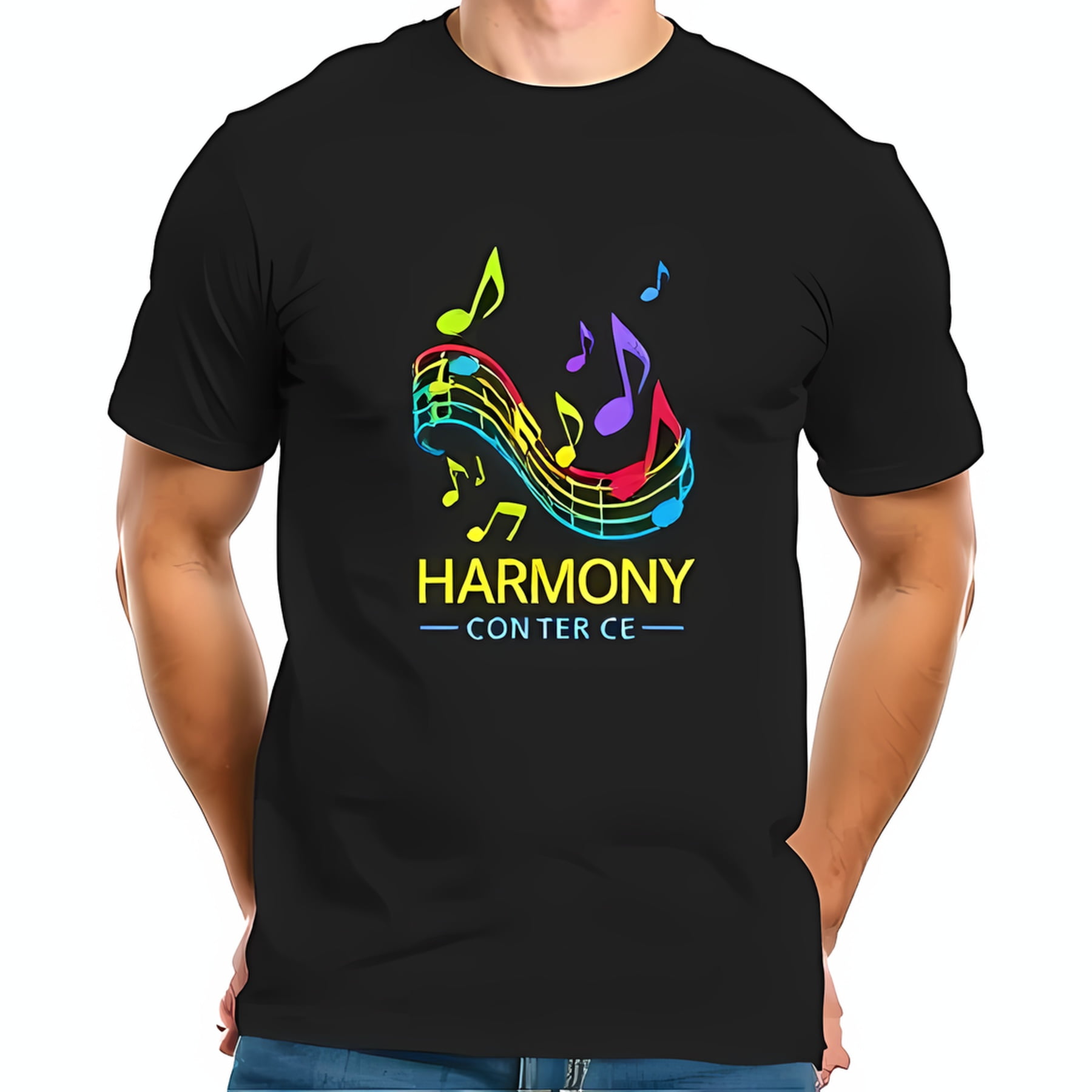 Vibrant Musical Notes T-Shirt Black Tee with 'HARMONY' & 'CON TER ...