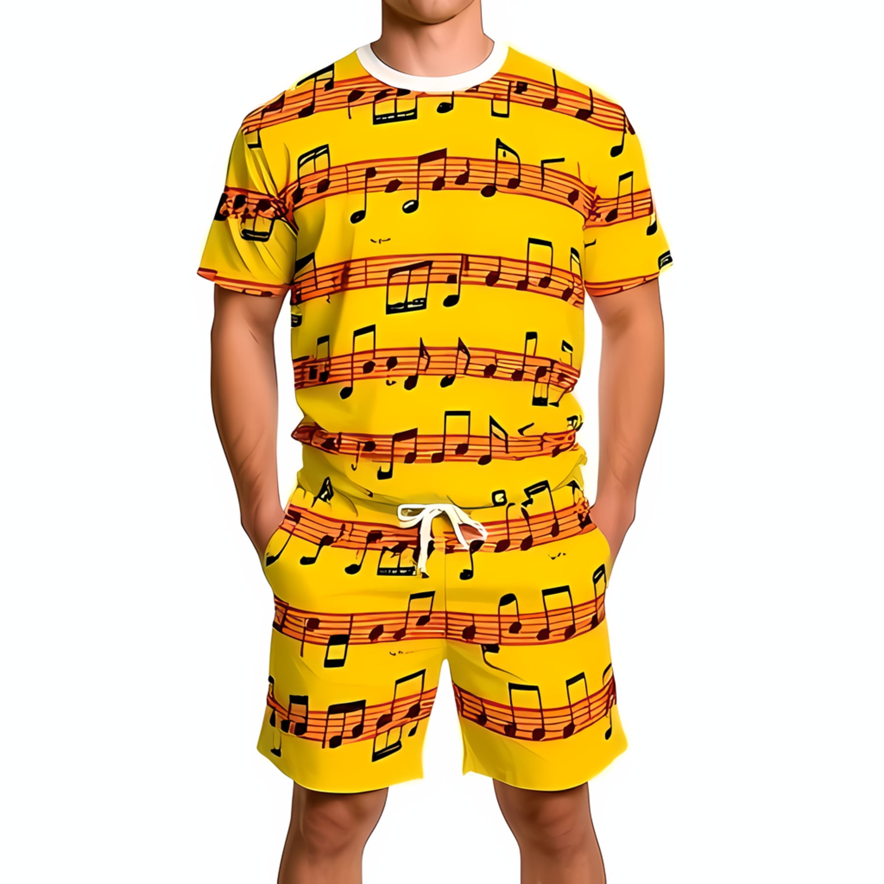 Vibrant Musical Notes T-Shirt and Shorts Set - Bright Yellow Patterned ...