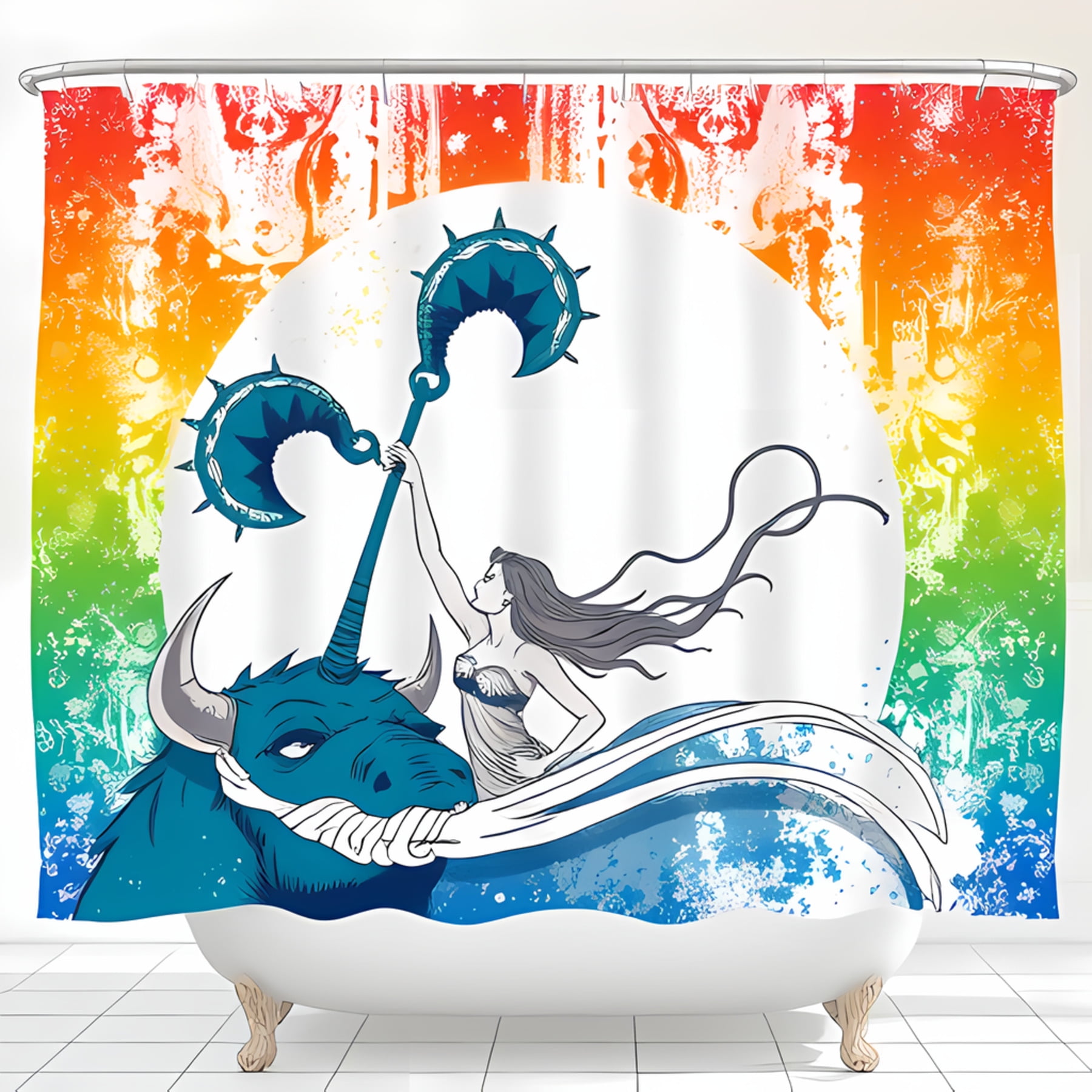 Vibrant Mythical Shower Curtain - Woman Riding Blue Horned with Ornate ...