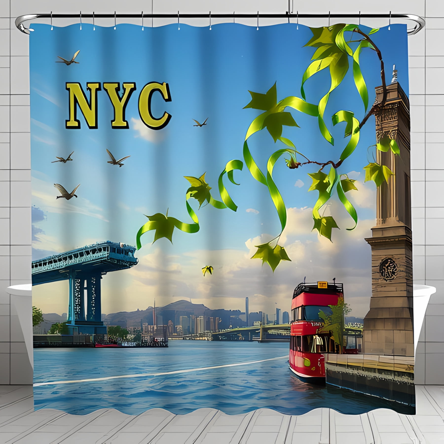 Vibrant NYC Shower Curtain - Features Iconic Blue Bridge Red Double ...