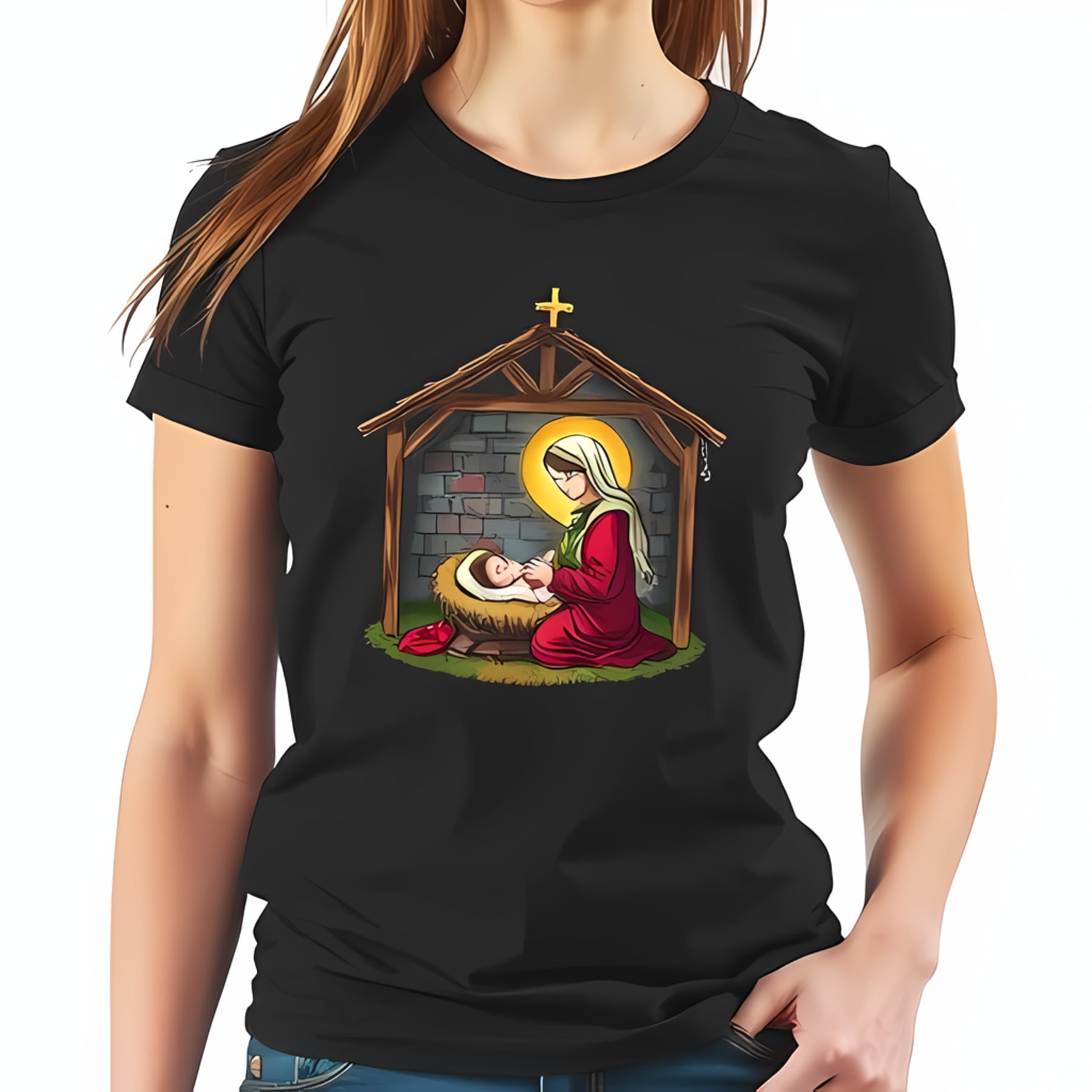 Vibrant Nativity Scene Cotton Short Sleeve T-Shirt - Design Christmas ...