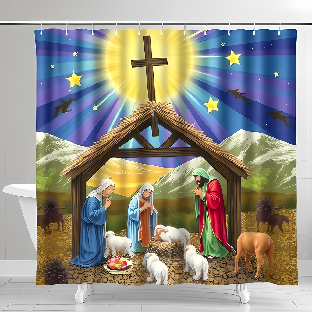 Vibrant Nativity Scene Shower Curtain - Radiant Light & Colorful Sky ...
