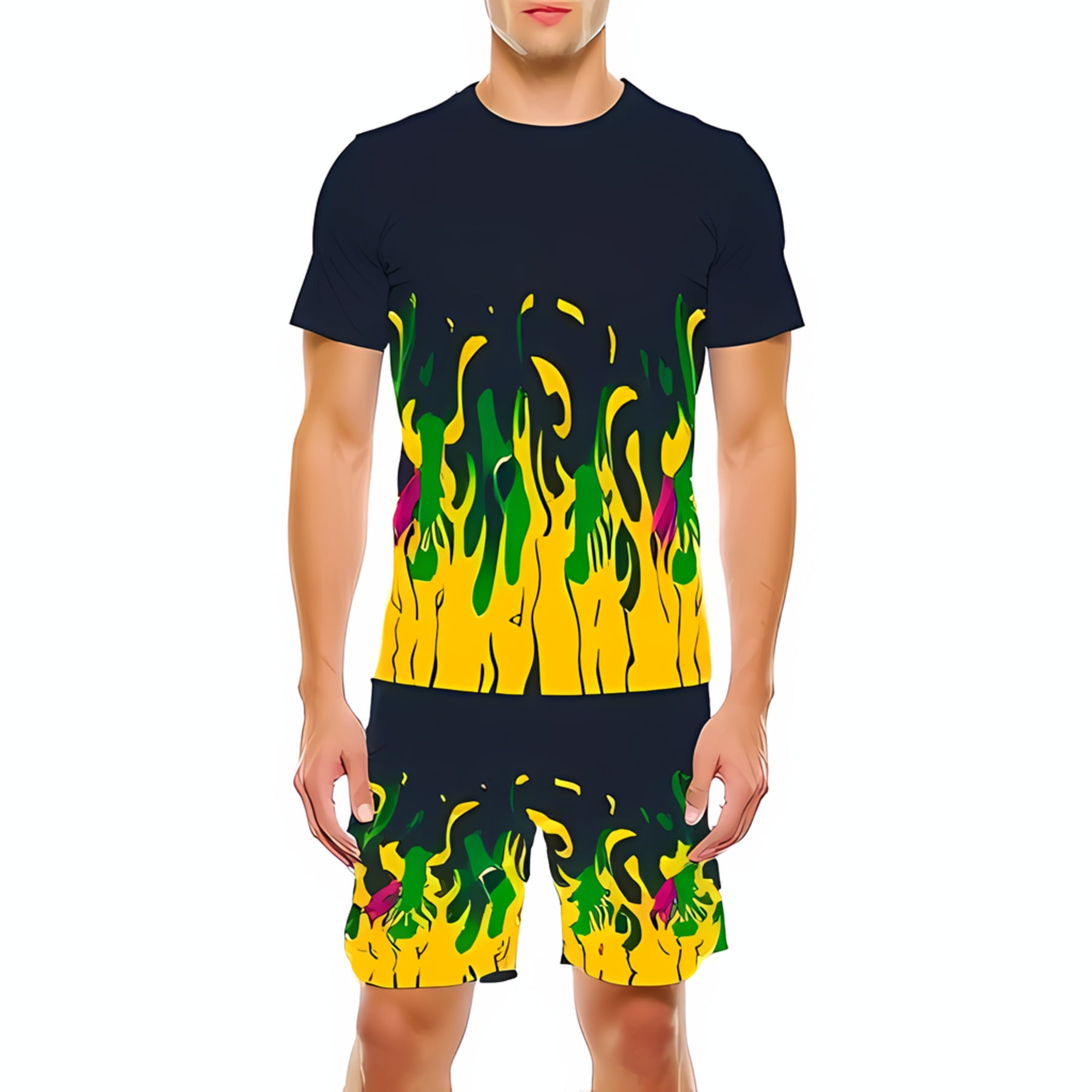 Vibrant Navy Blue T-Shirt & Shorts Set with Bold Stylized Flame Graphic ...