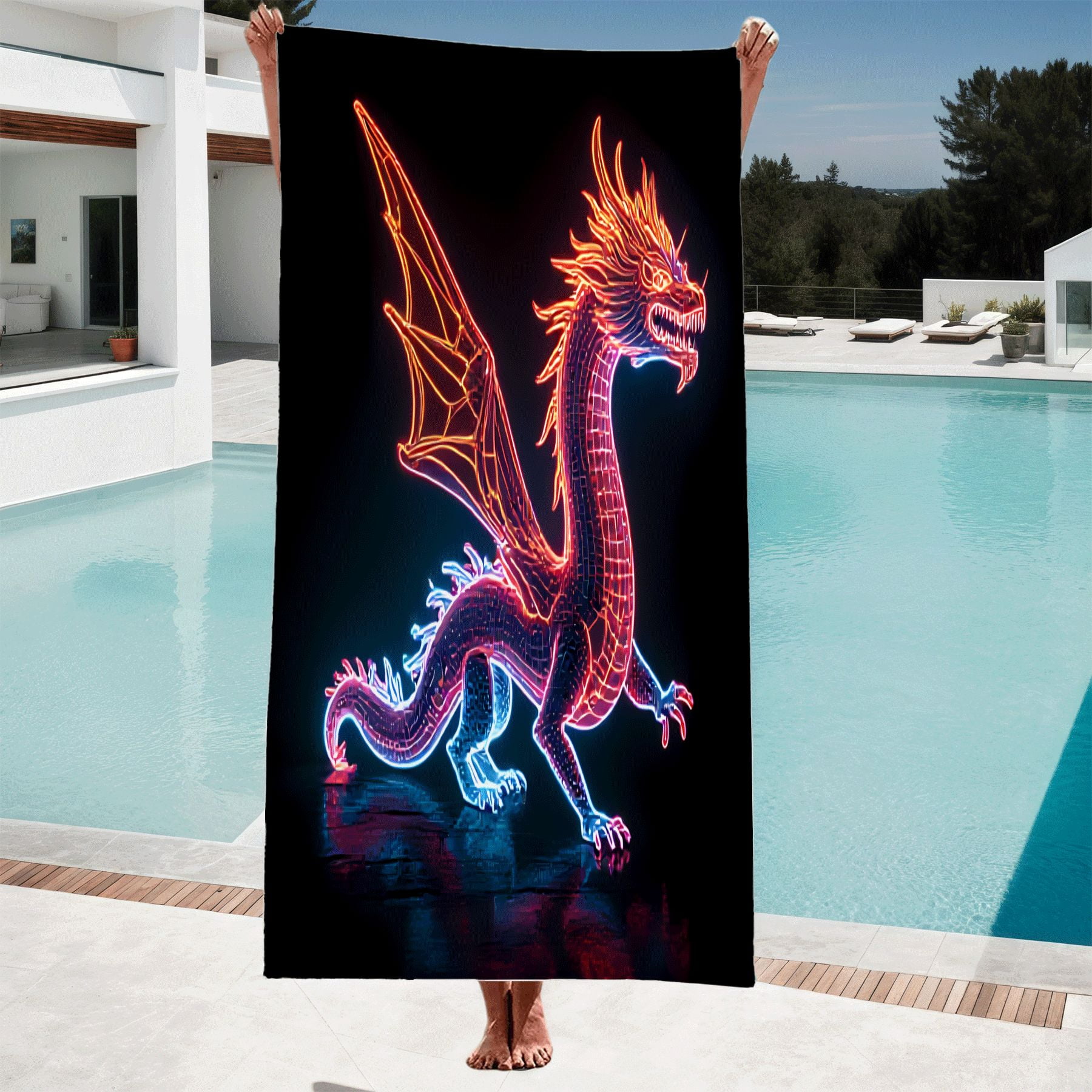 Vibrant Neon Dragon Beach Towel - Red & Orange with Blue Accents Glossy ...