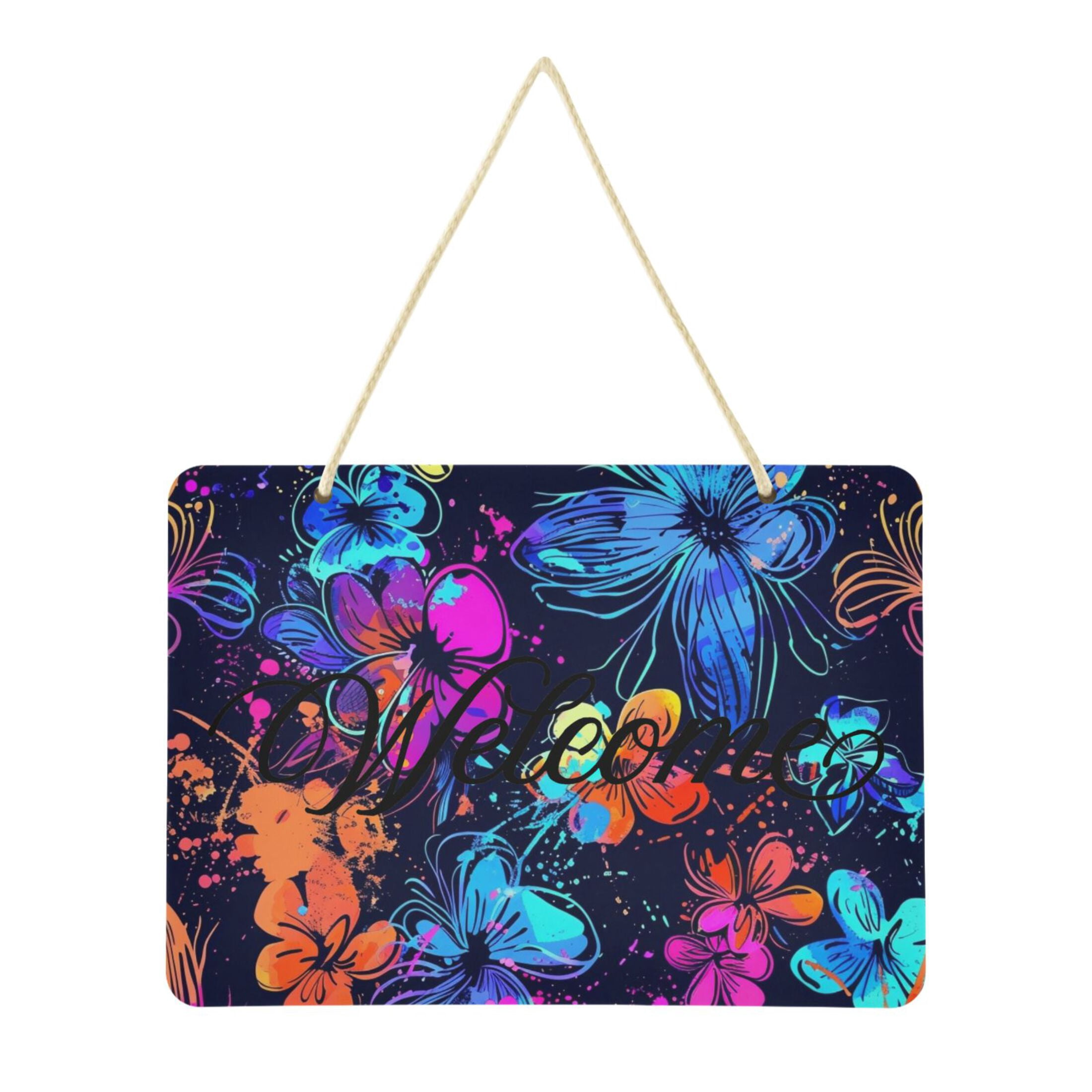 Vibrant Neon Floral Welcome Sign Front Door PVC 14x10 inch Hanger Hello ...