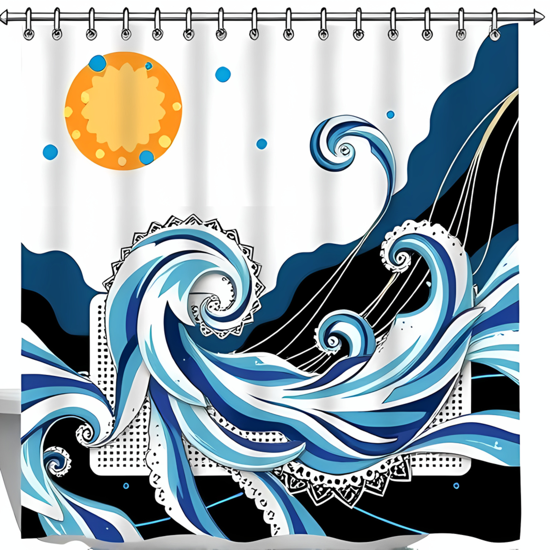 Vibrant Ocean Waves Shower Curtain - Abstract Blue & White Design with ...