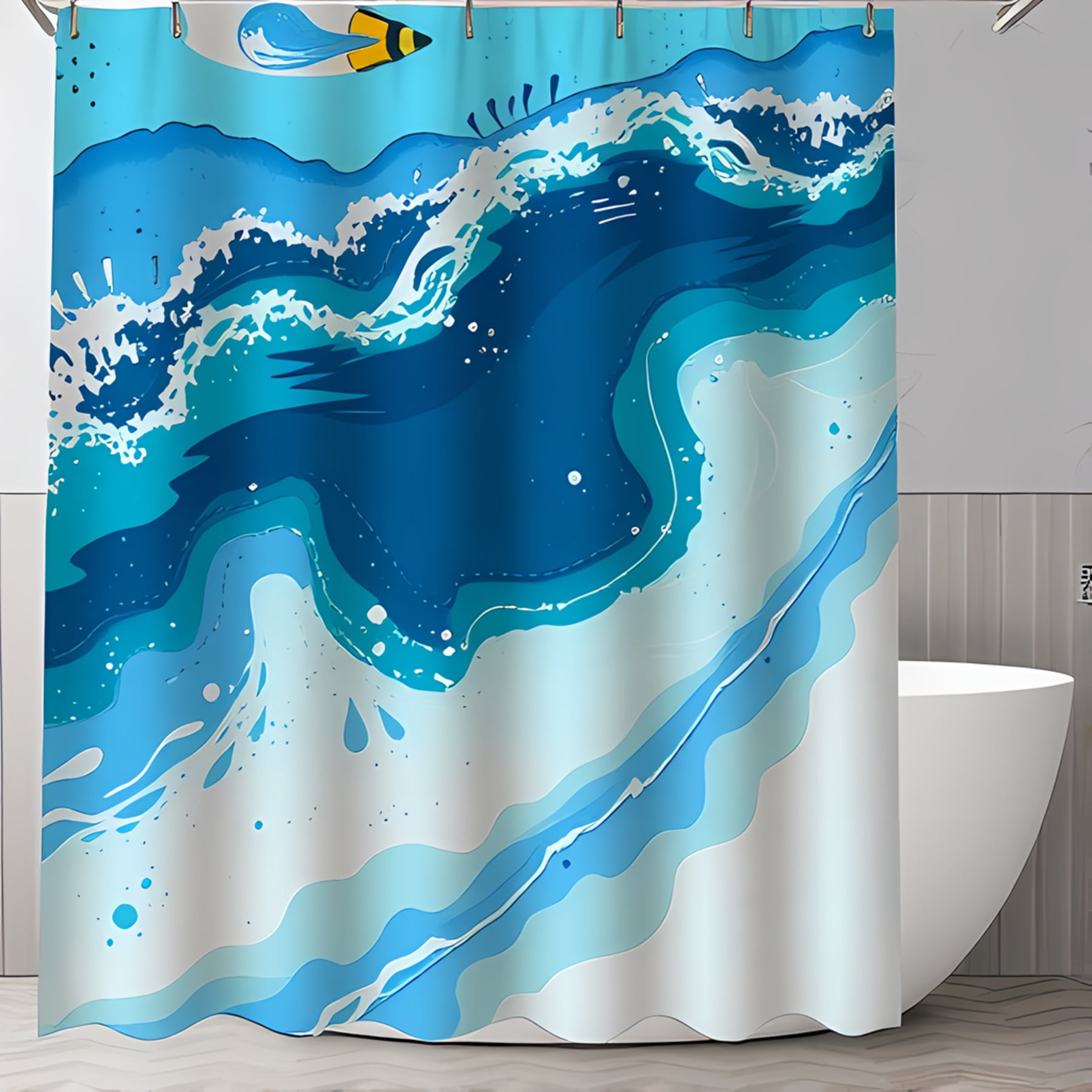 Vibrant Ocean Waves Shower Curtain with Playful Yellow and Black Fish ...
