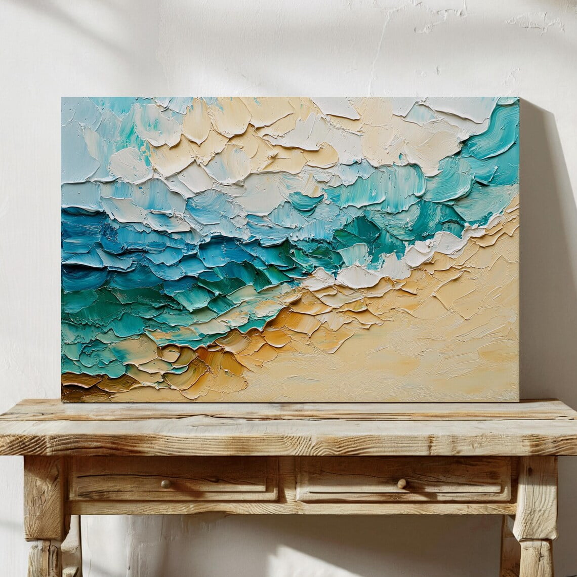 Vibrant Ocean Waves Textured Painting In Aqua And Sand Tones Wall Art ...