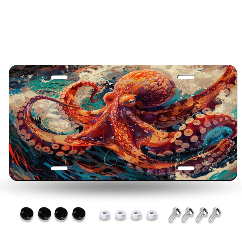 Vibrant Octopus Gracefully Gliding Through The Waves License Plate ...
